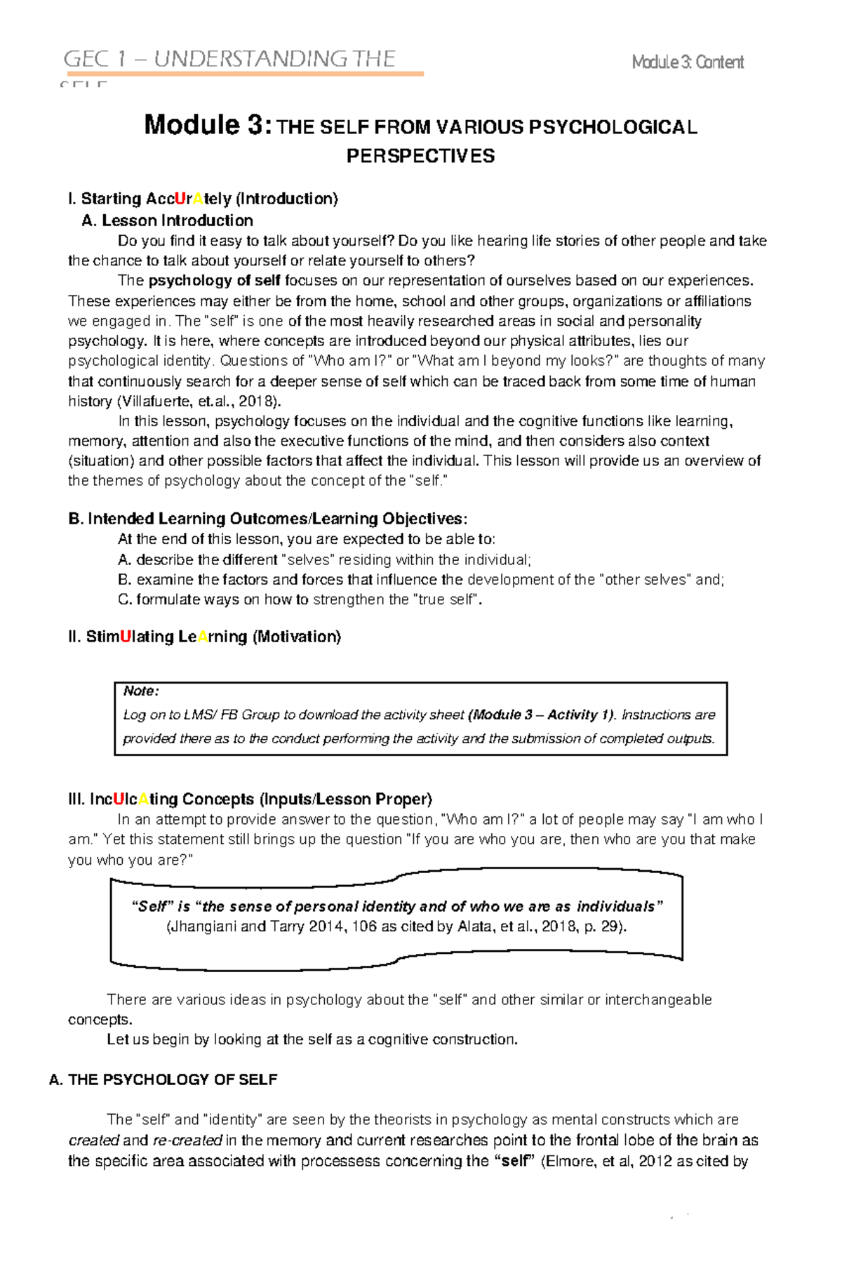 Module 3 The Self from Various Psychological Perspectives - UNIVERSITY ...