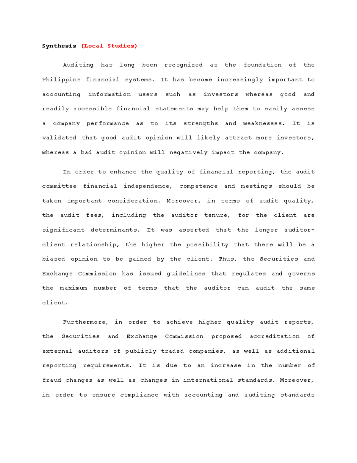Synthesis-Local-Studies - Synthesis (Local Studies) Auditing has long ...