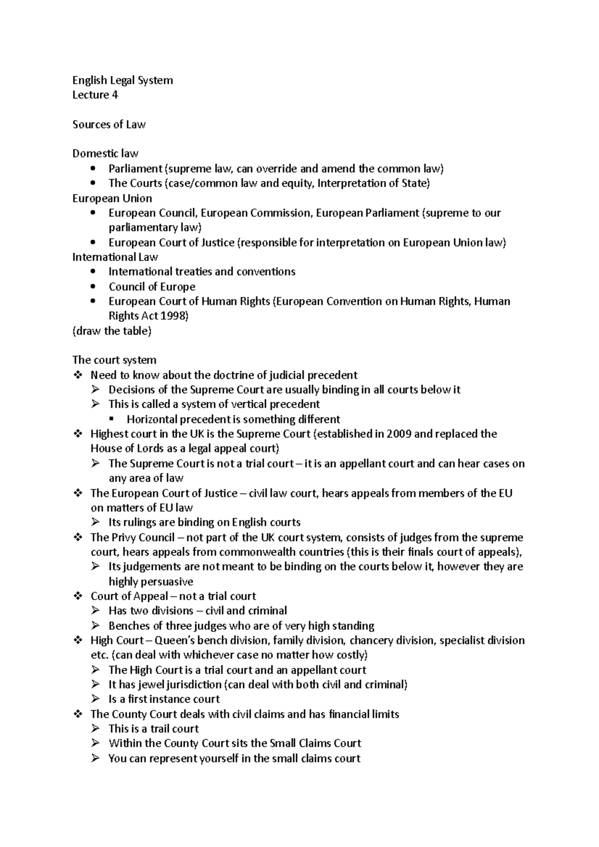 ELS L4 - Notes on lecture four of English Legal System taught by Prof ...