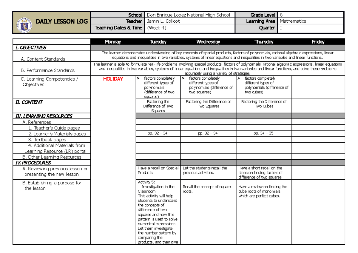 Sample Grade 8 DLL Q1W4 - DLL for mathematics - DAILY LESSON LOG School ...