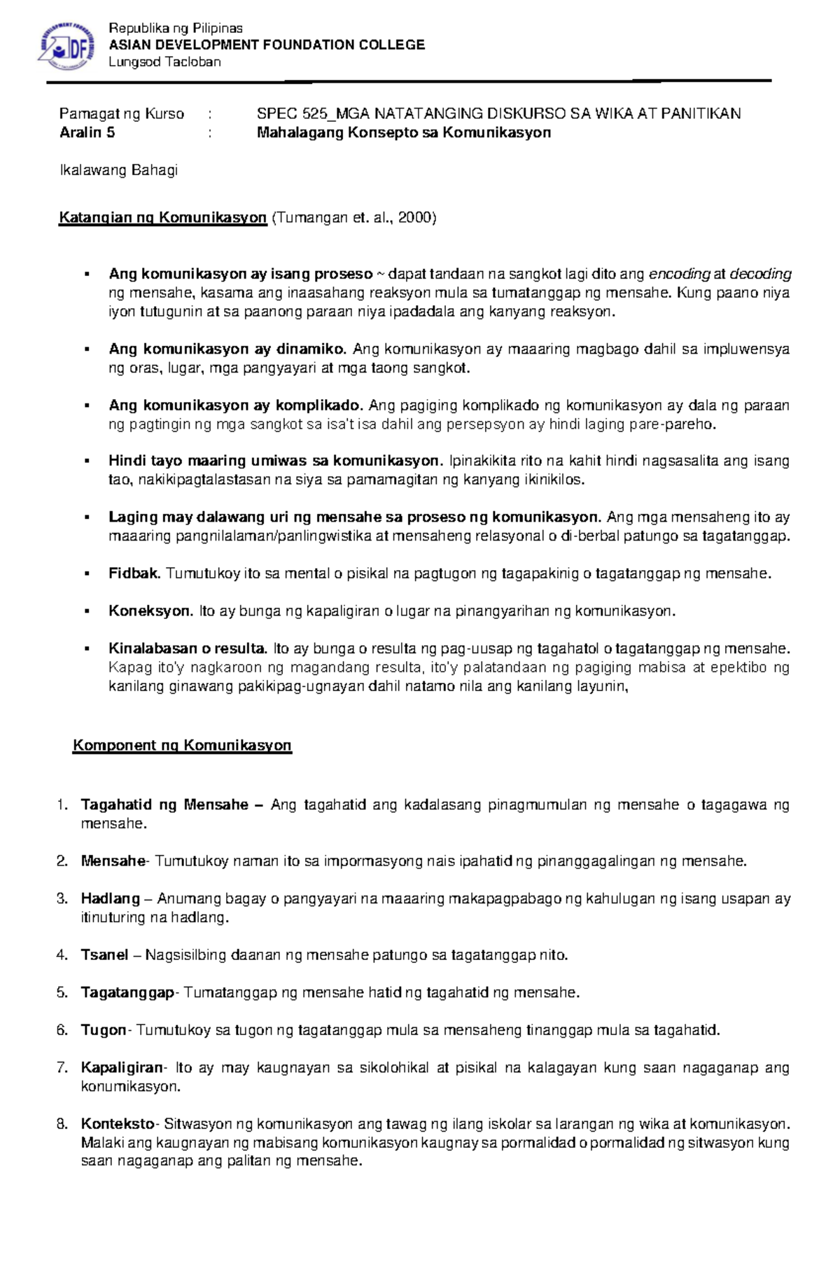 SPEC-525 Aralin-5 - Diskurso - Republika ng Pilipinas ASIAN DEVELOPMENT FOUNDATION COLLEGE ...