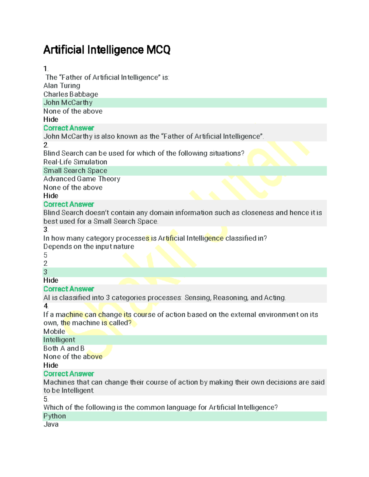 AI MCQs - Jddjj - ArtificialIntelligenceMCQ 1. The ...