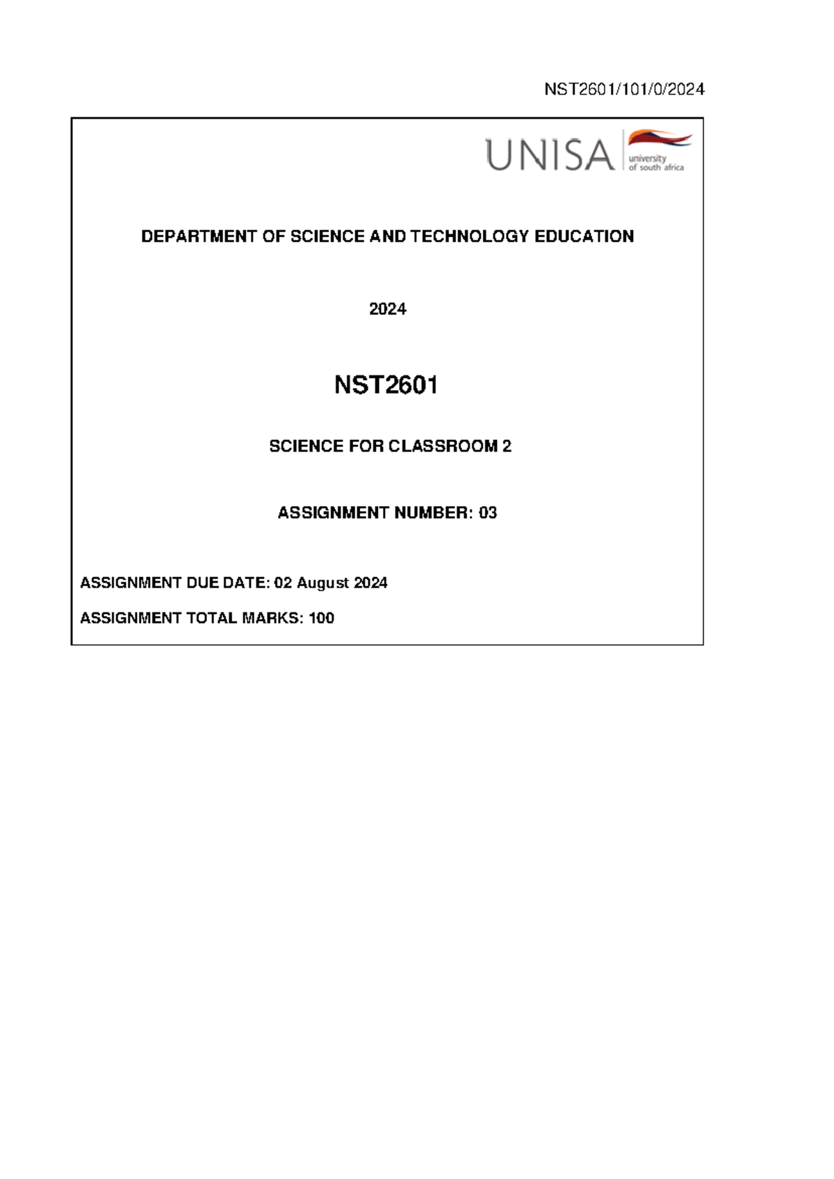 NST2601 Assignment 03 OF TUT Letter 101 2024 082357 - DEPARTMENT OF ...