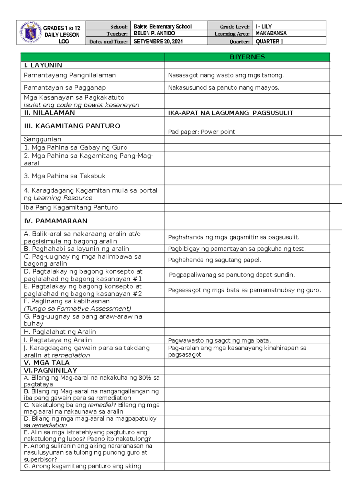DLL Summative TEST Filipino - GRADES 1 to 12 DAILY LESSON LOG School ...