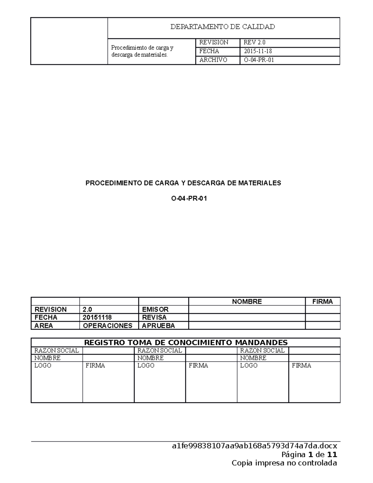 Pr 01 Procedimiento de Carga y Descarga de Materiales - Procedimiento de carga y descarga de ...
