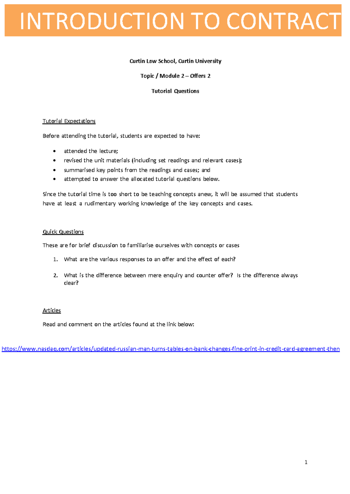 Intro to Contract - Module 2 - Offers 2 - Tutorial Questions - MLL111 - Deakin - Studocu