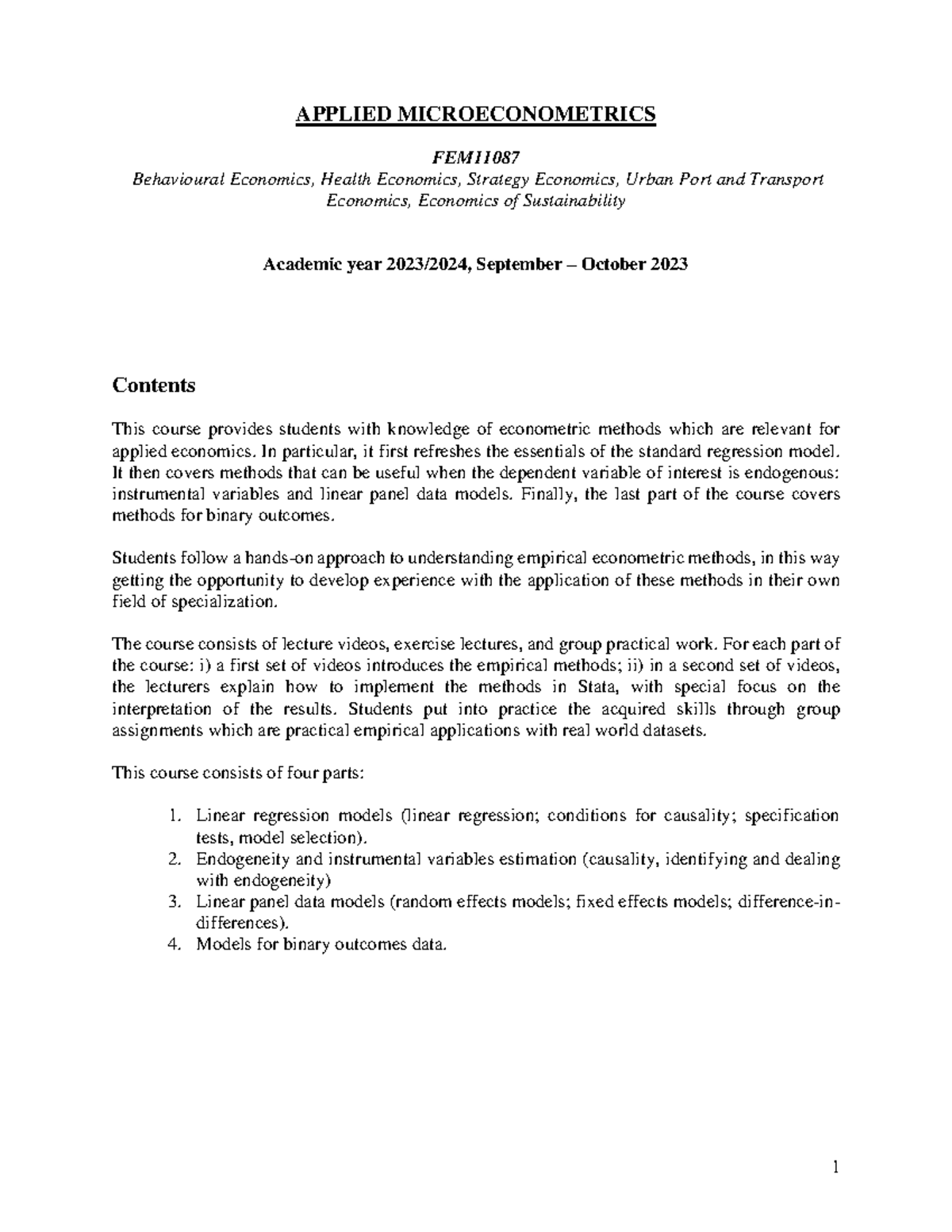 Course Book Applied Microeconometrics 2023-2024 - APPLIED MICROECONOMETRICS FEM Behavioural ...