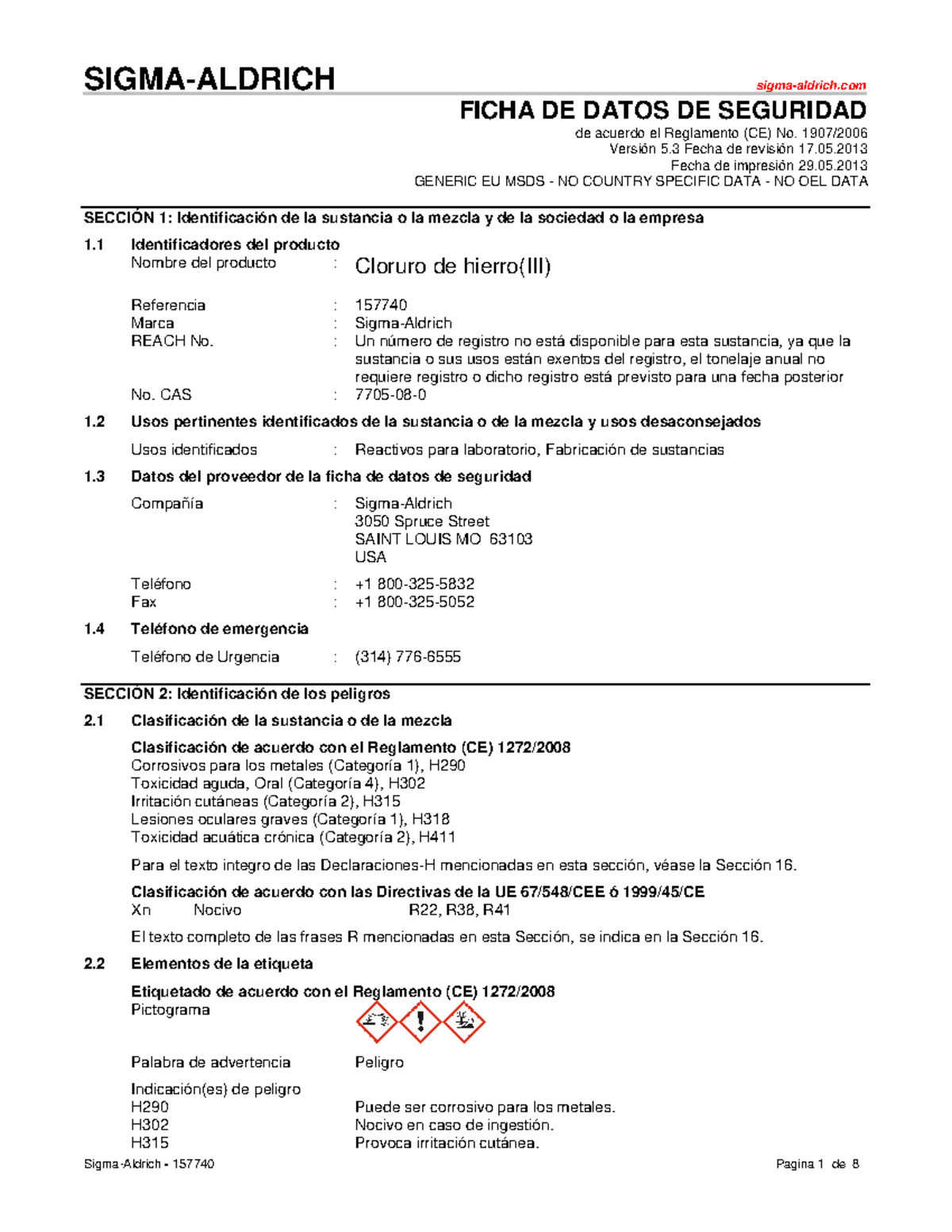 Ejemplo MSDS - FICHA TECNICA - SIGMA-ALDRICH sigma-aldrich FICHA DE DATOS DE SEGURIDAD de ...