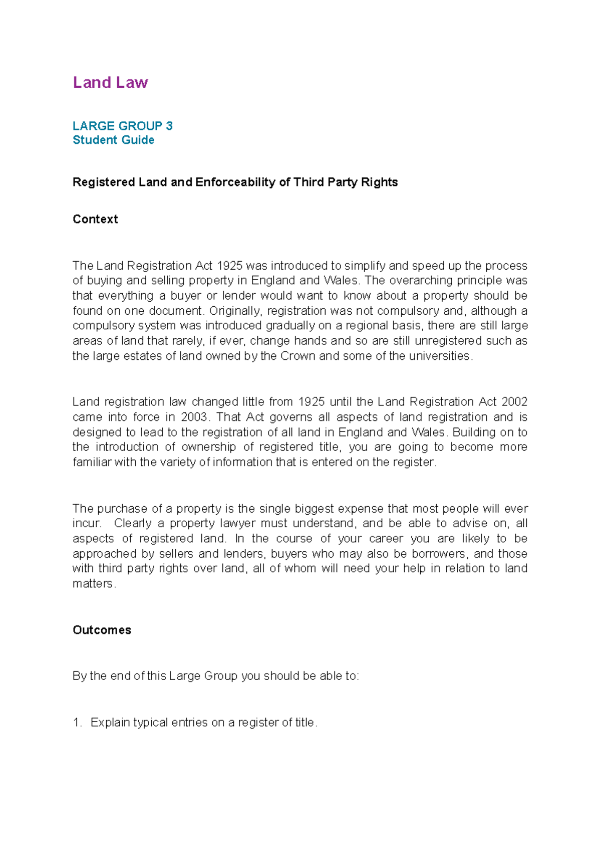 2324 land lg03 ce01 student guide - Land Law LARGE GROUP 3 Student Guide Registered Land and ...