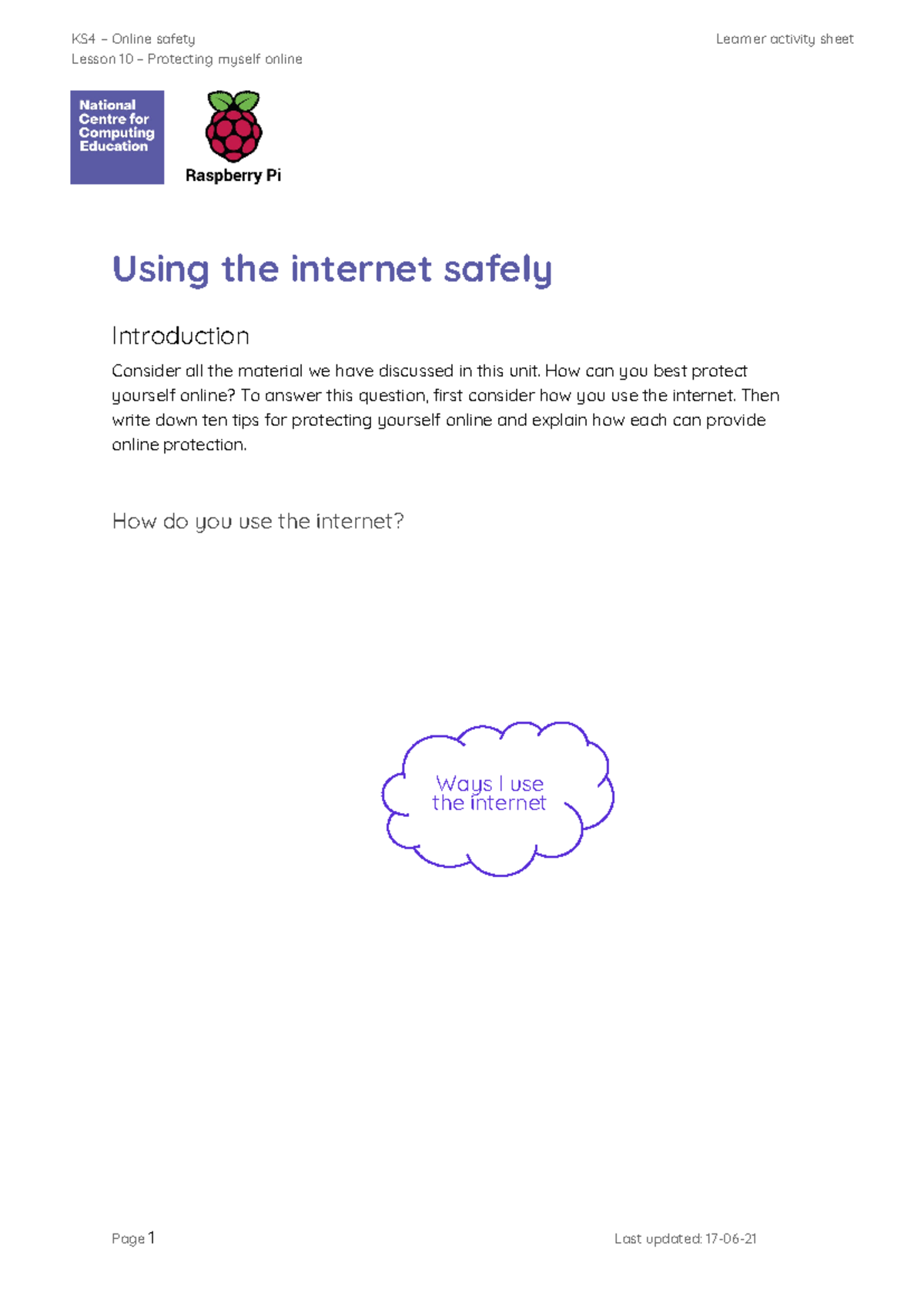 A1 Worksheet – Using the internet safely - KS4 – Online safety Lesson ...