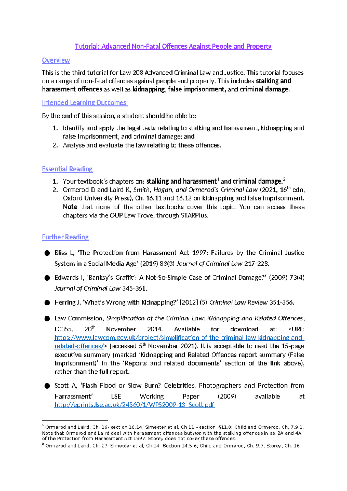 Tutorial 3 Advanced Non Fatal Offences Tutorial Sheet Tutorial