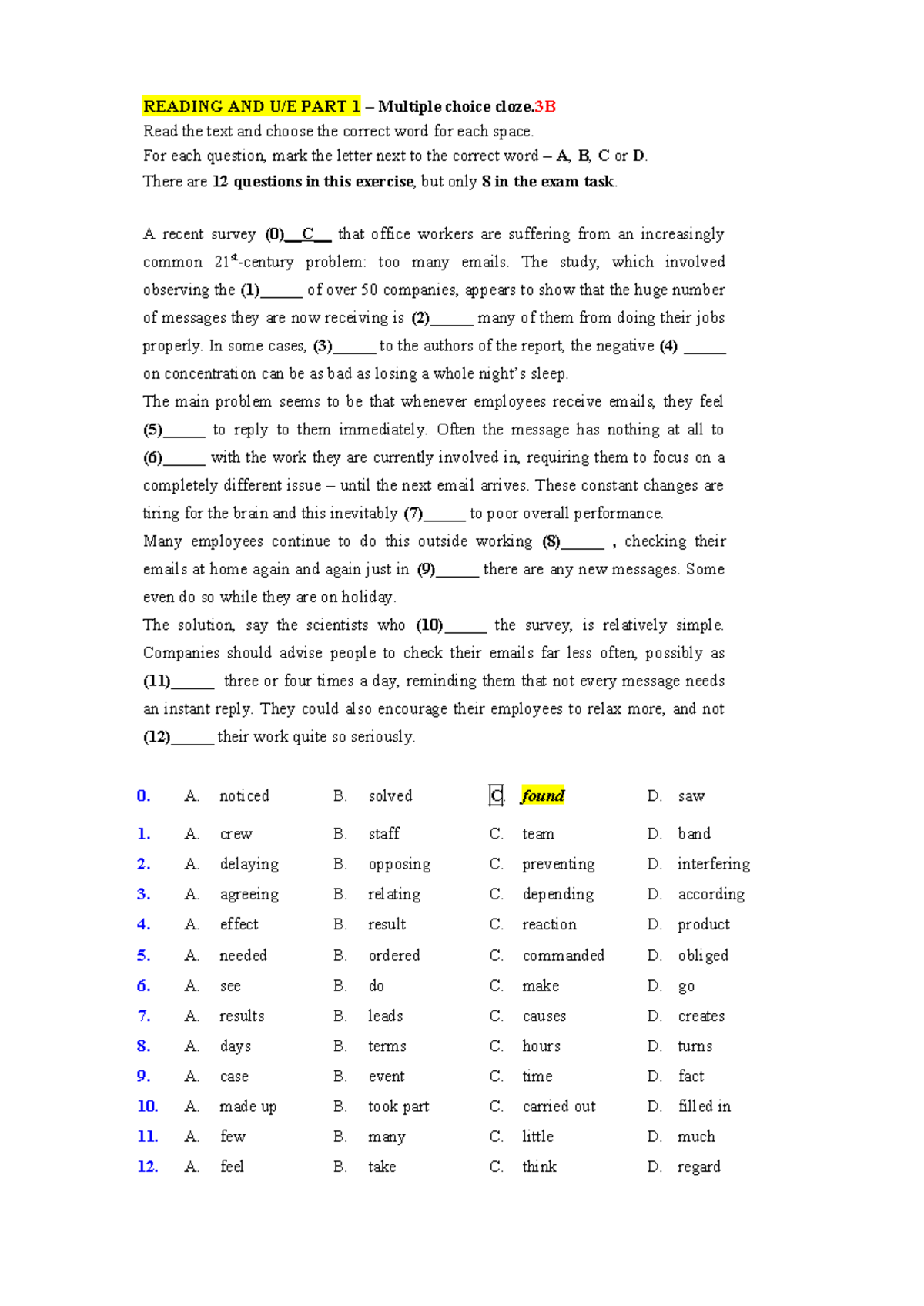 Mult - READING AND U/E PART 1 – Multiple choice cloze Read the text and ...