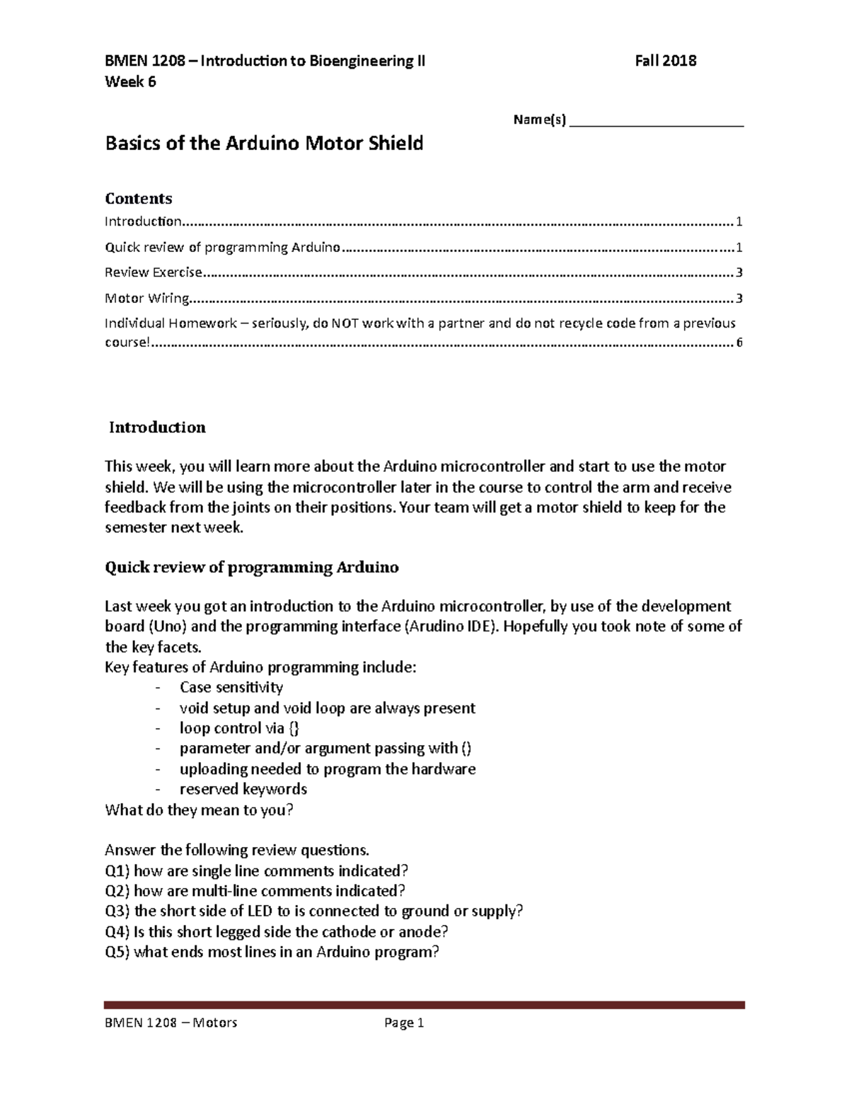 Week 6 More Microcontrollers V 3 - BMEN 1208 – Introduction to Bioengineering II Fall 2018 Week ...