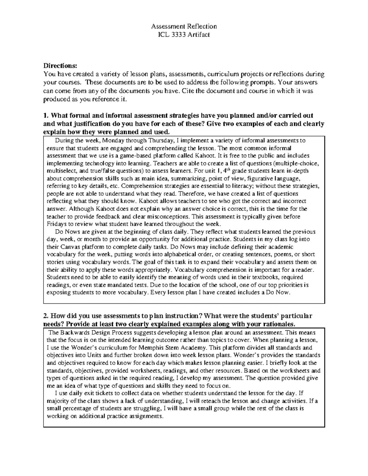 Assessment Reflection - ICL 3333 Artifact Directions: You have created ...