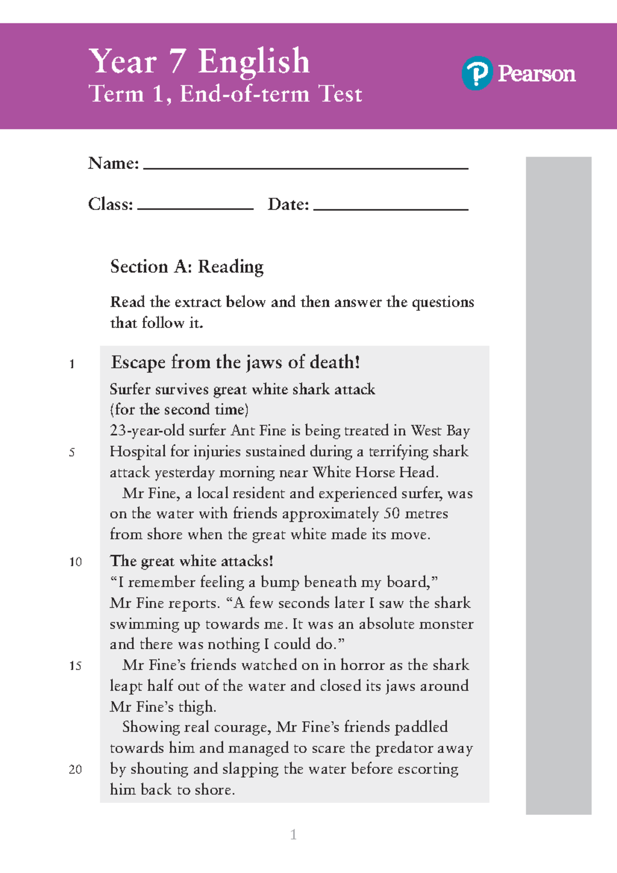 I LS English Y7 T1 endoftermtest set 4 - Name: Class: Date: Year 7 ...