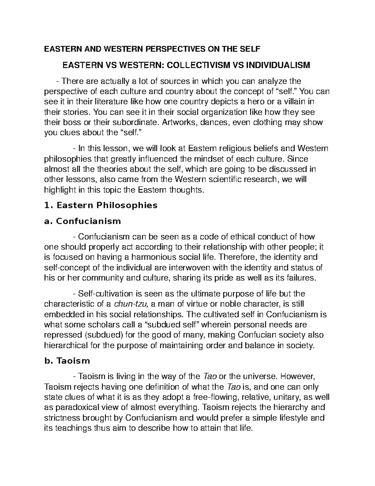 M1 Eastern AND Western Perspectives ON THE SELF - EASTERN AND WESTERN ...