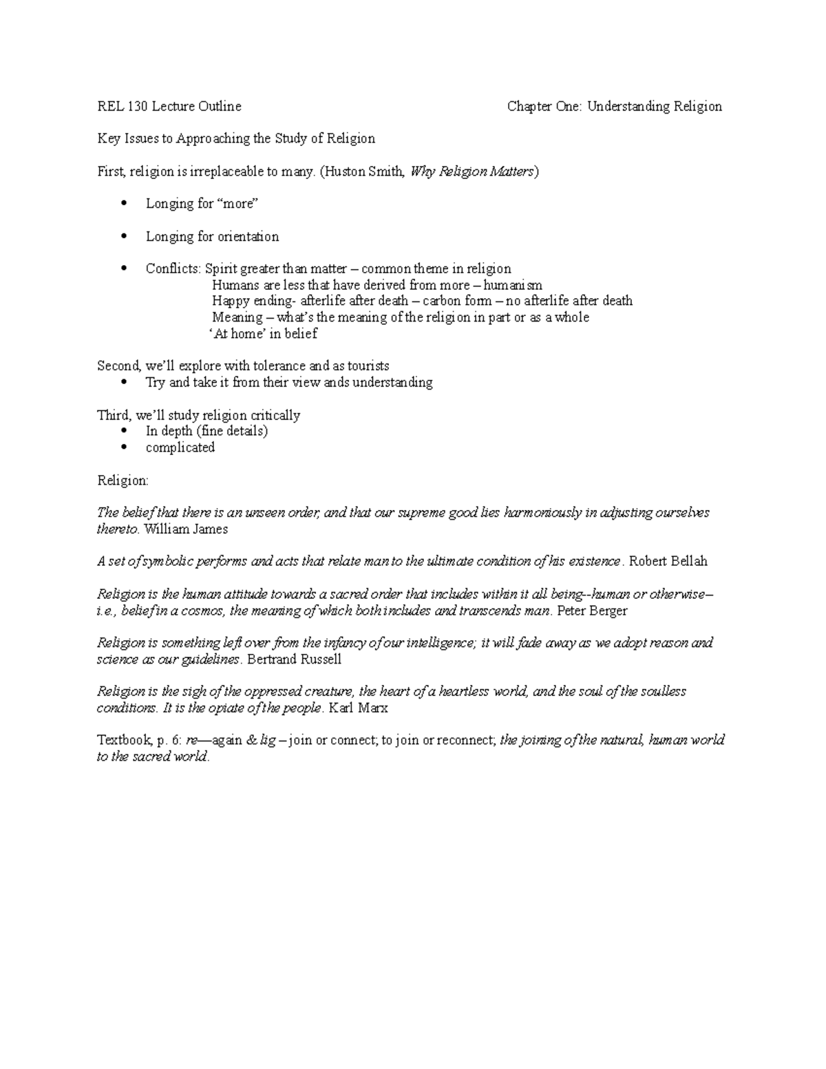 Chapter One-Understanding Religion - REL 130 Lecture Outline Chapter ...