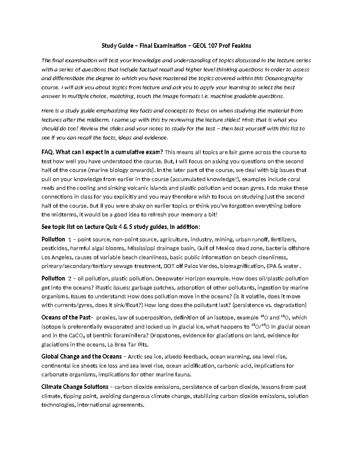 Study Guide GEOL 107 Final exam(1) - Study Guide – Final Examination – GEOL 107 Prof Feakins The ...