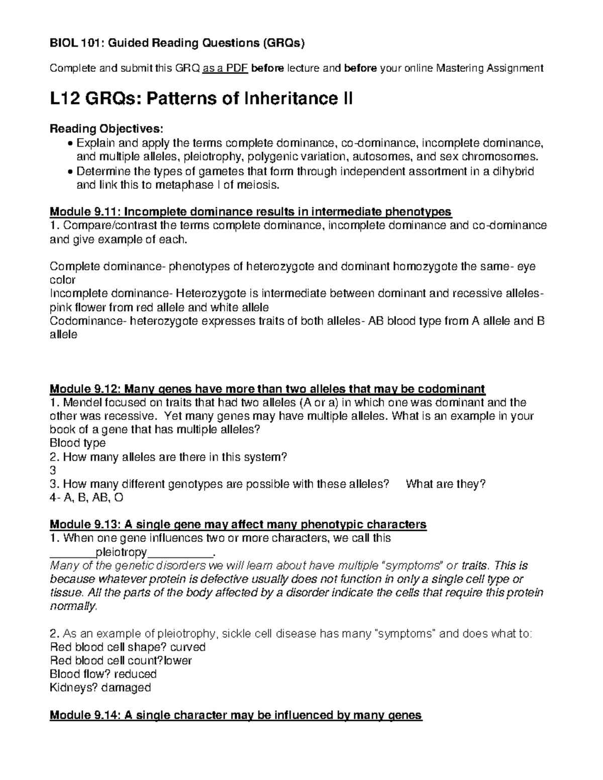 Lesson 12 GRQs Patterns in Inheritance Part 2 - BIOL 101: Guided Reading Questions (GRQs ...