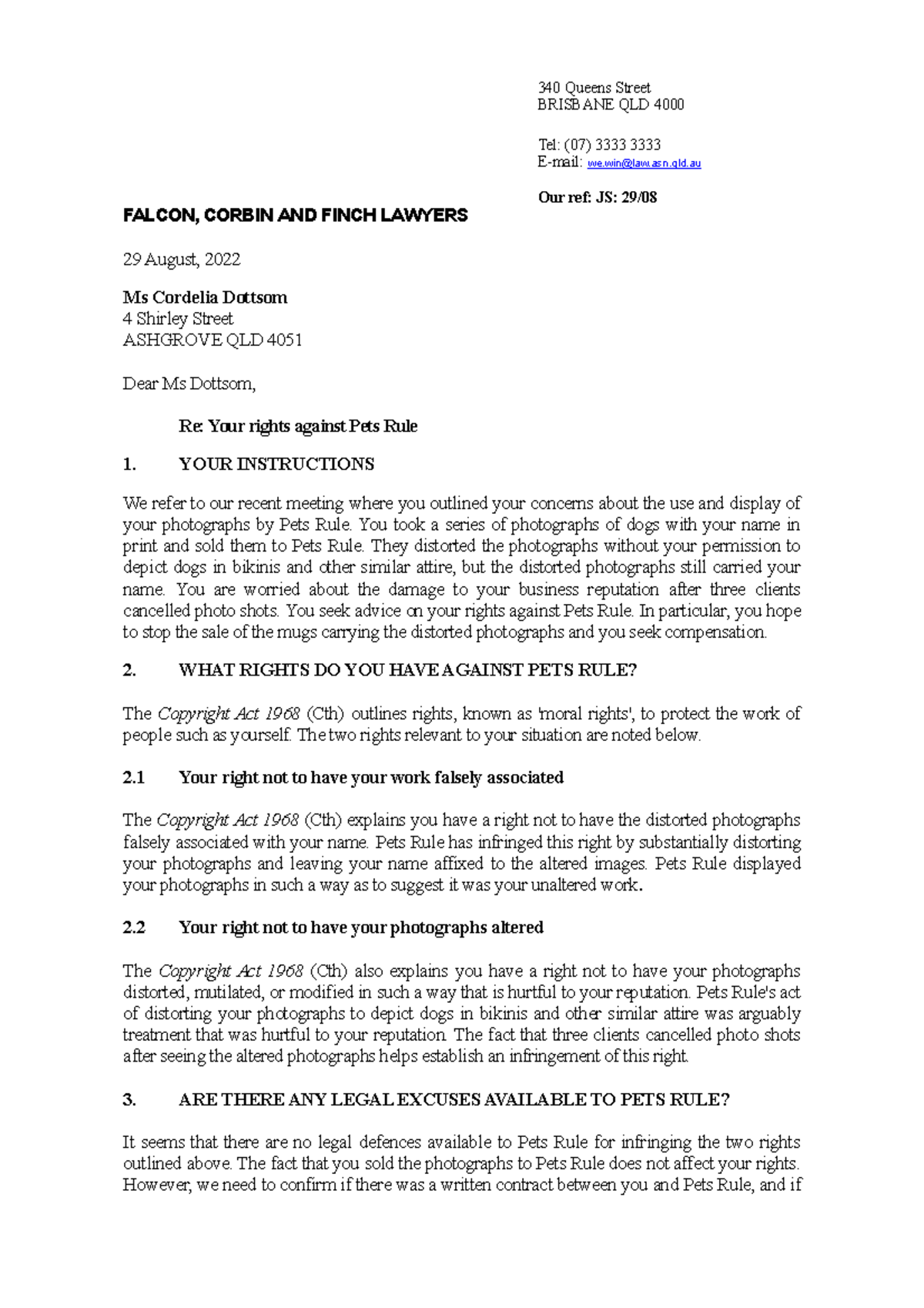 Letter example 1 - 29 August, 2022 Ms Cordelia Dottsom 4 Shirley Street ...