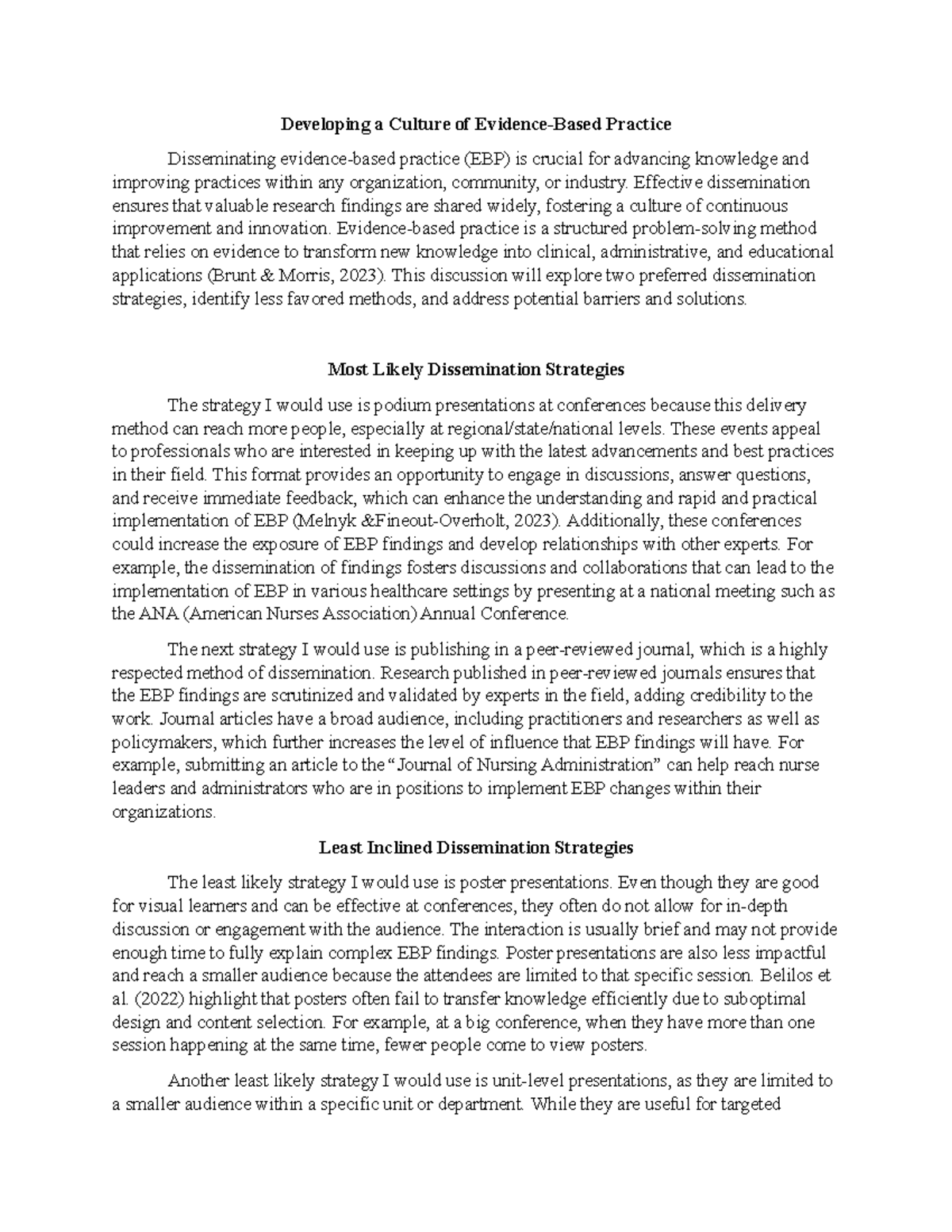 Week 9 Discussion - Developing a Culture of Evidence-Based Practice ...