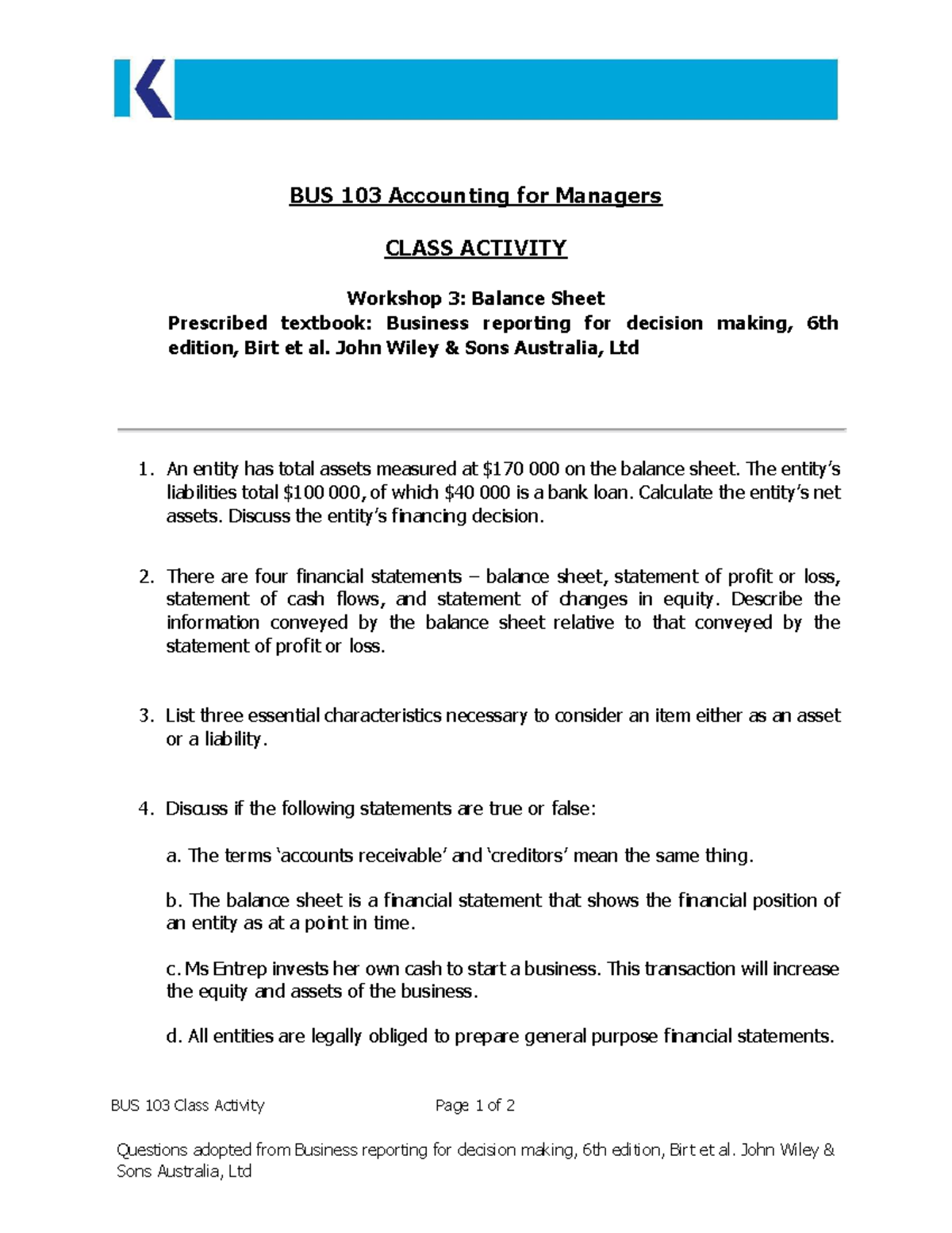 BUS 103 Class Handout - T32018 - Workshop 3 - Week 3 - BUS 103 ...