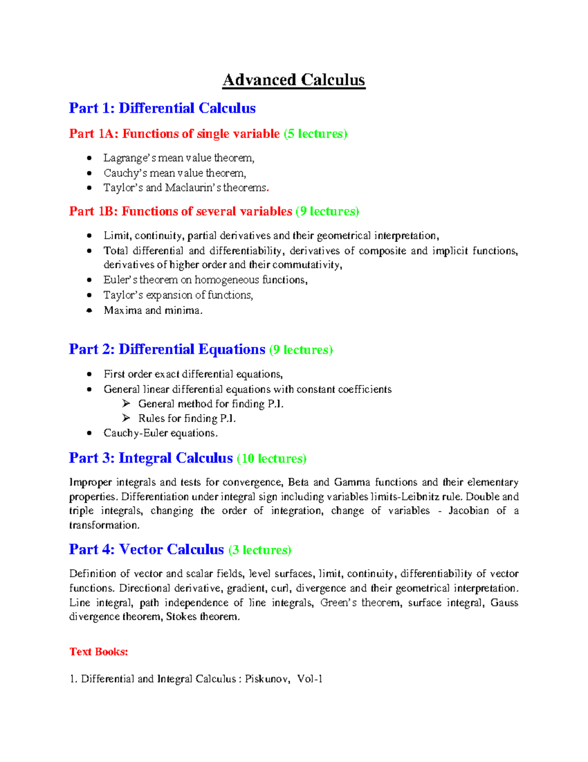 Syllabus Advanced Calculus Part 1 Differential Calculus Part 1a Functions Of Single Variable