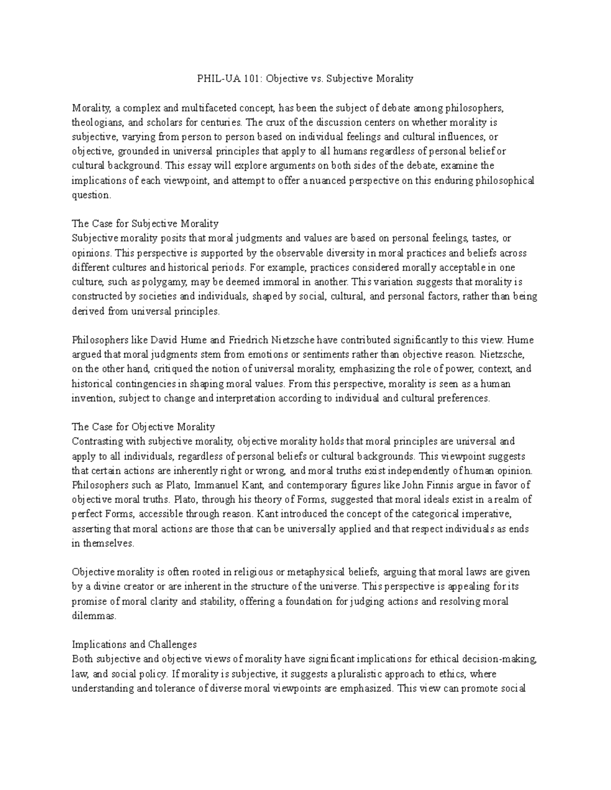 Philosophy Essay - PHIL-UA 101: Objective vs. Subjective Morality Morality, a complex and - Studocu