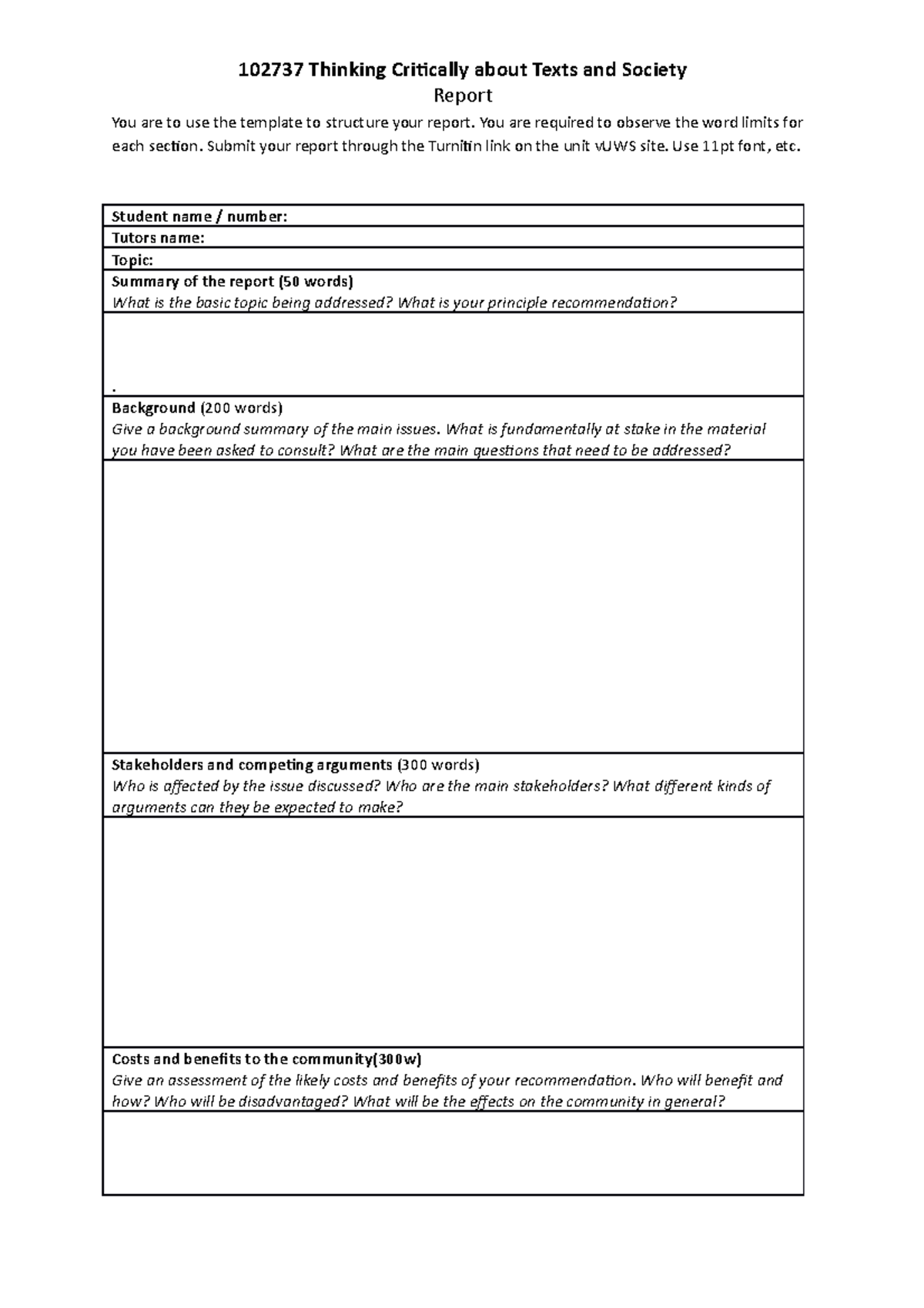 Report template - 102737 Thinking Critically about Texts and Society ...
