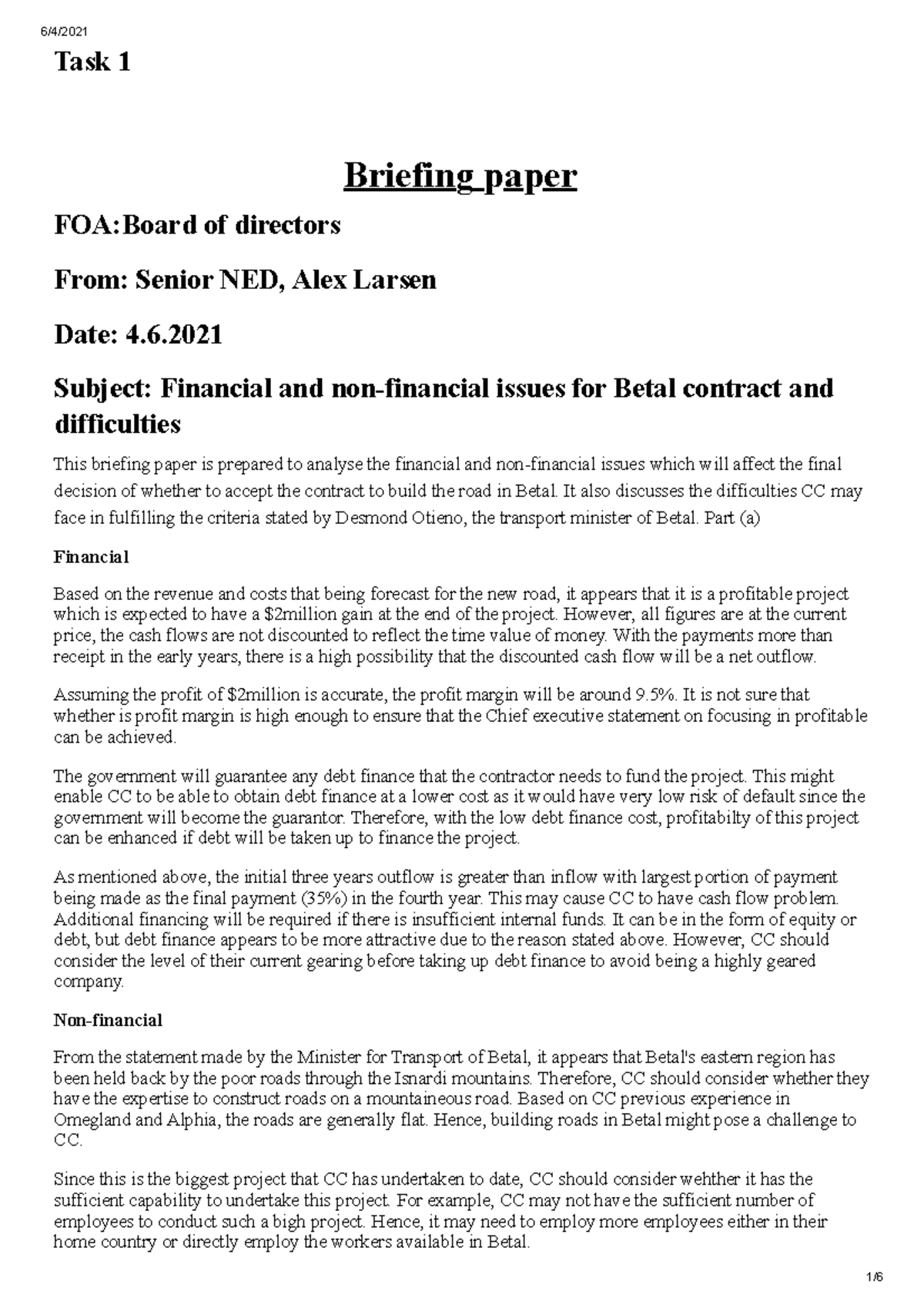 Cofold Company Answer BY SBH - Task 1 Briefing paper FOA:Board of ...