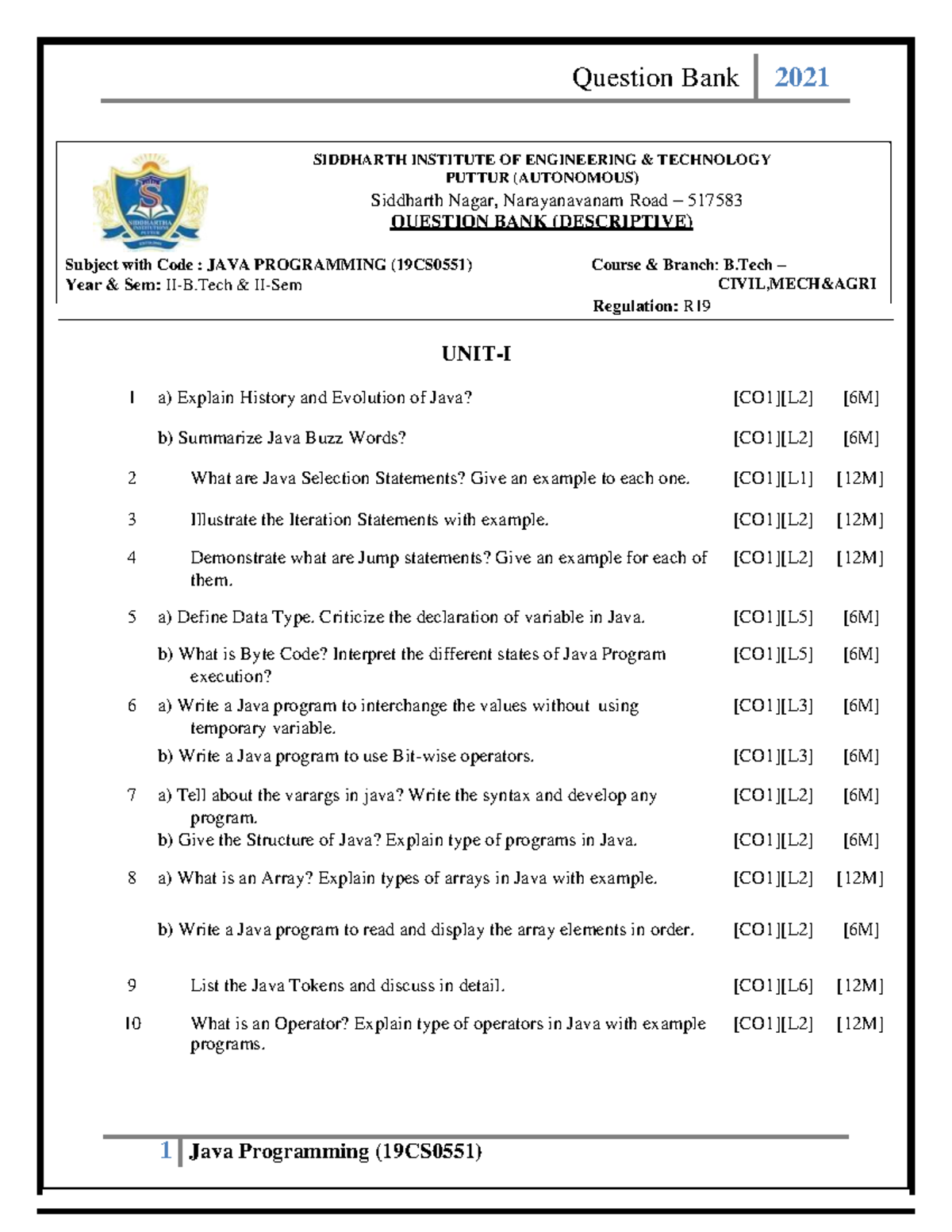 19cs0551 Java Programming Siddharth Institute Of Engineering And Technology Puttur Autonomous