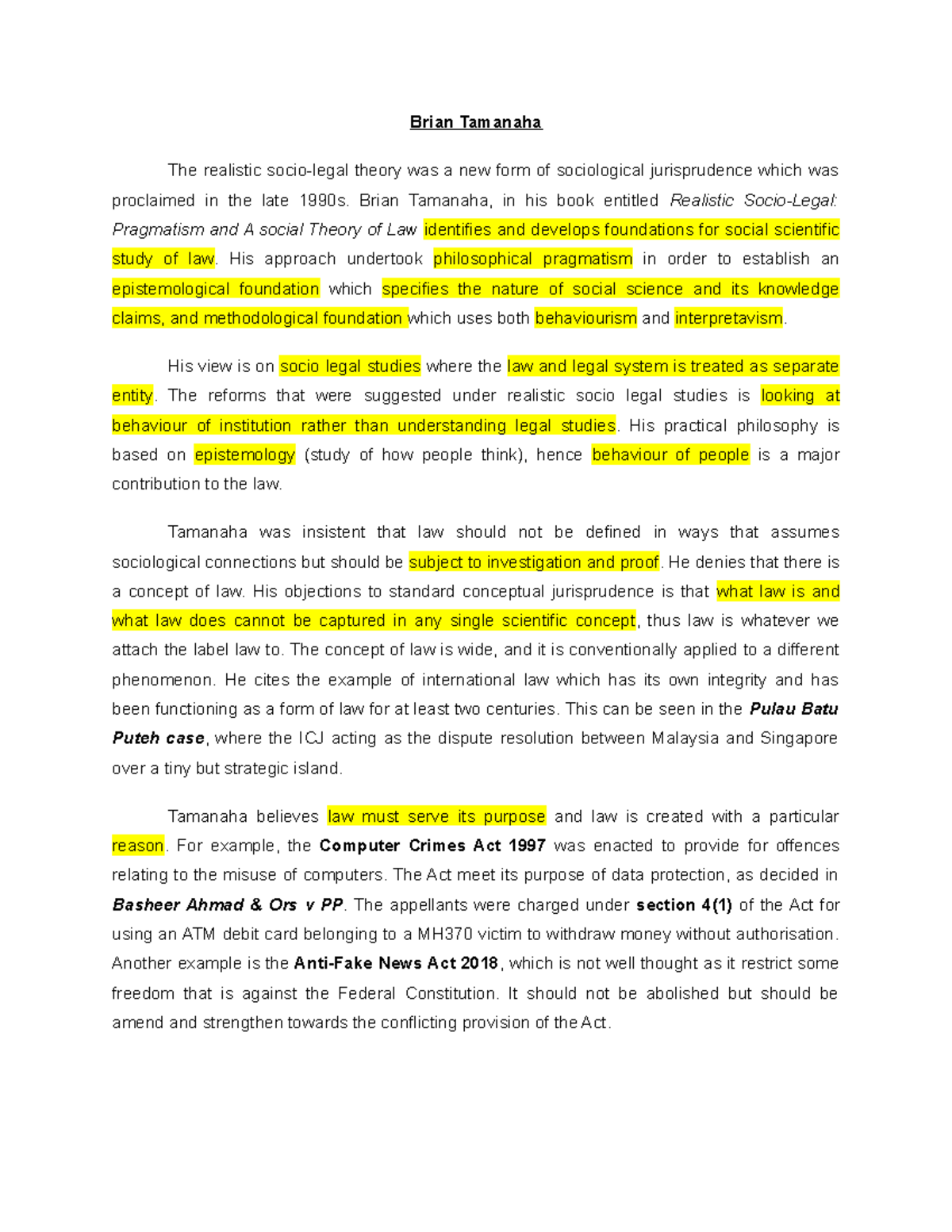 Brian Tamanaha - Brian Tamanaha The realistic socio-legal theory was a ...