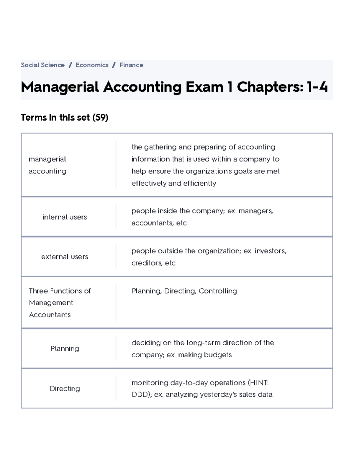 Managerial Accounting Exam 1 Chapters- 1-4 Flashcards Quizlet ...