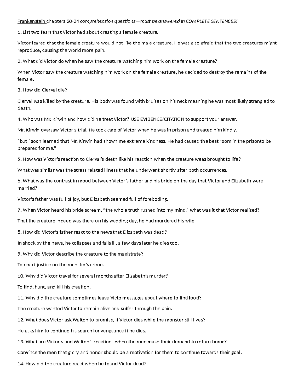 Ch 20-24 comp questions copy - Frankenstein chapters 20-24 ...
