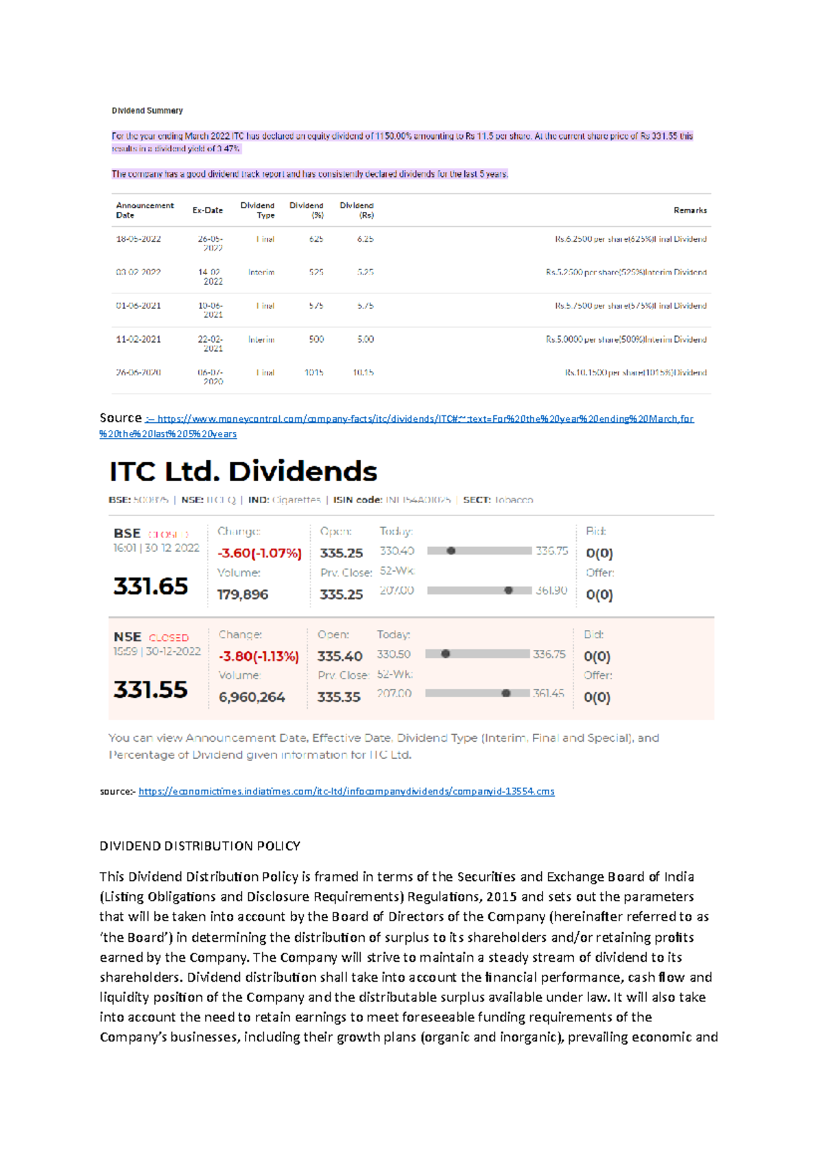 CF Dividend decision of ITC - Source :- - Studocu