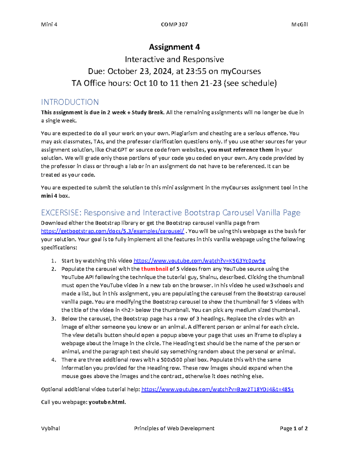 Mini 4 - Interactive - Mini 4 COMP 307 McGill Vybihal Principles of Web Development Page 1 of 2 ...