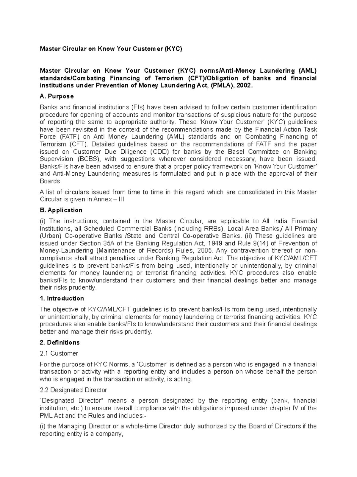 Kyc aml cft pmla - Master Circular on Know Your Customer (KYC) Master ...