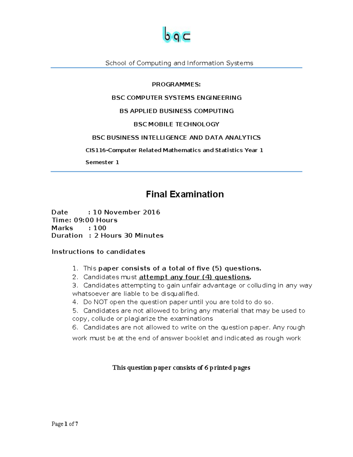 CMS Final exam QP 2016 Nov - School of Computing and Information Systems PROGRAMMES: BSC ...