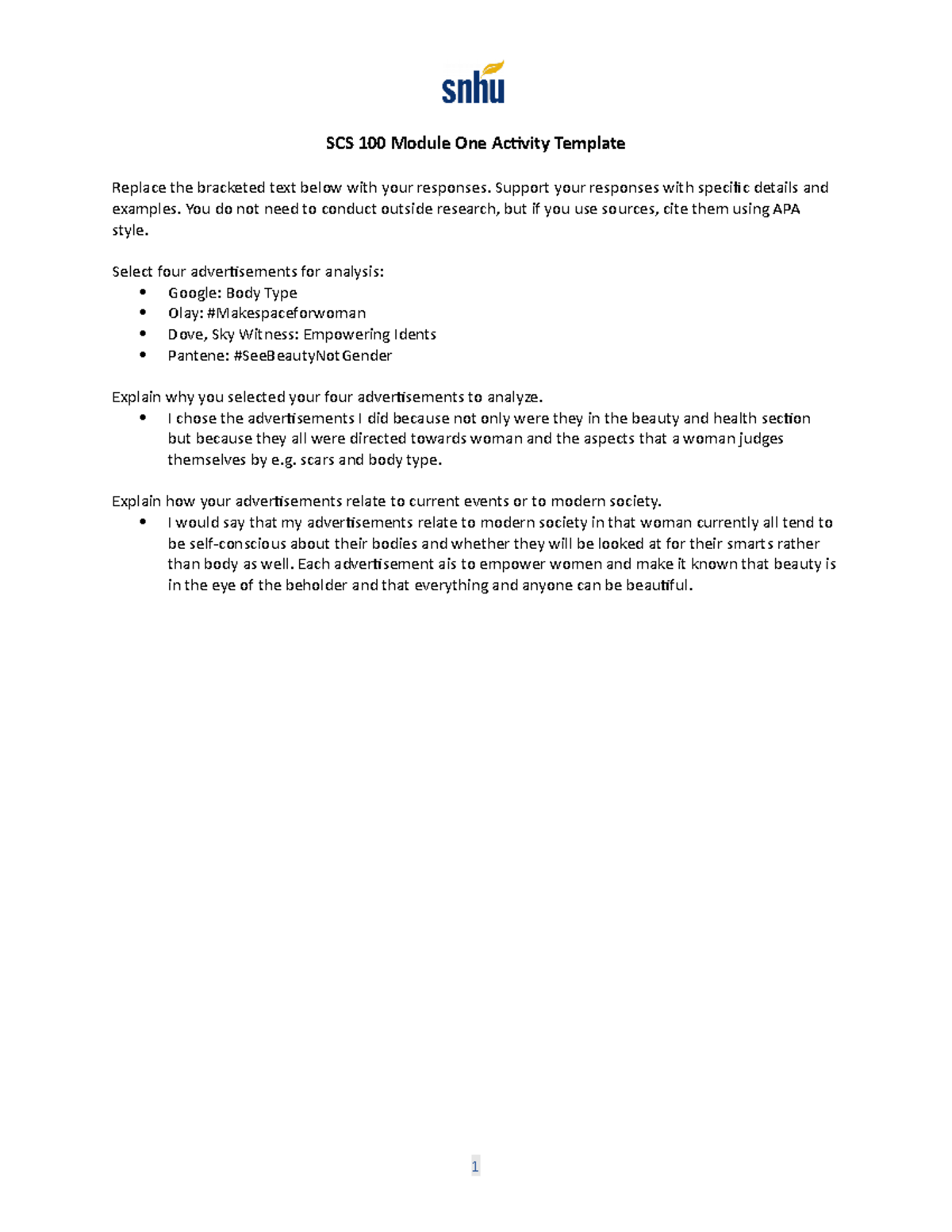 SCS 100 Module One Activity - Support your responses with specific ...
