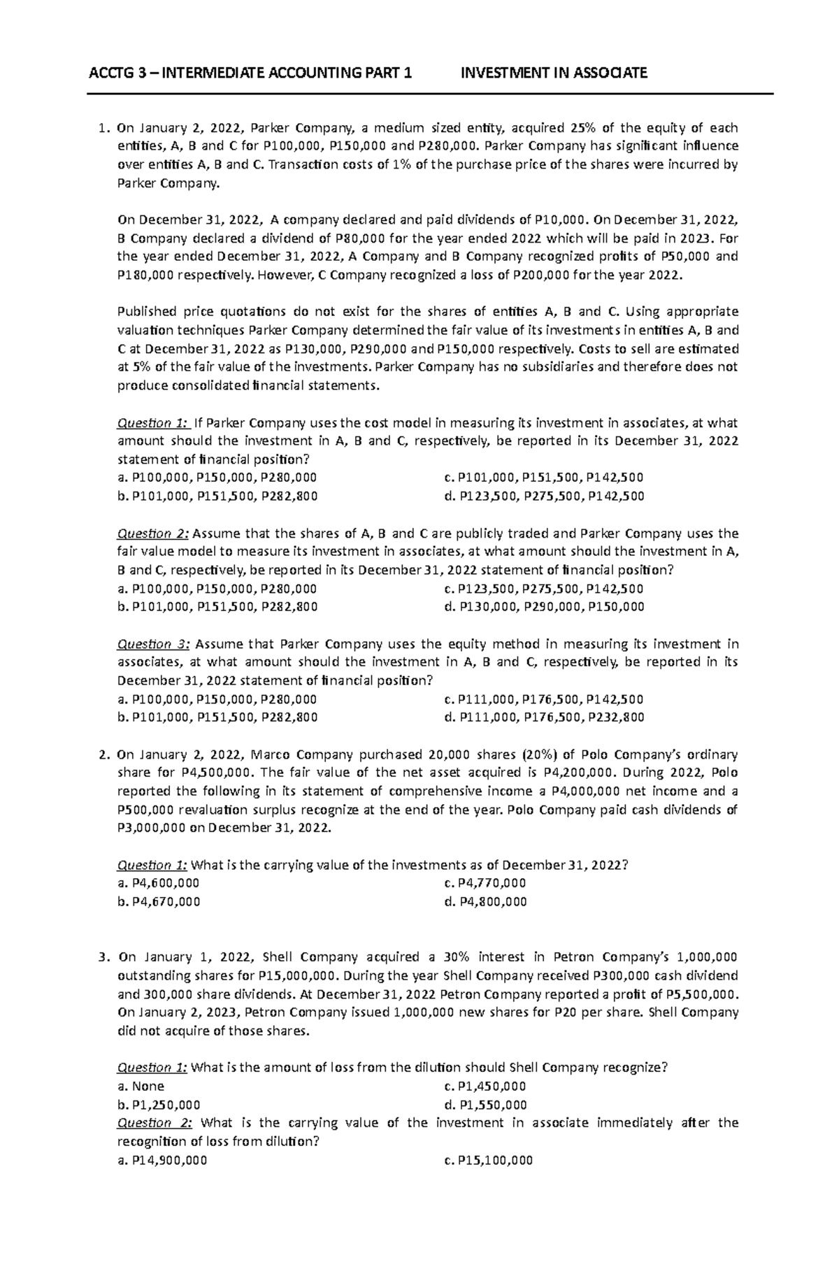 Accounting 3 Investment IN Associates - On January 2, 2022, Parker ...