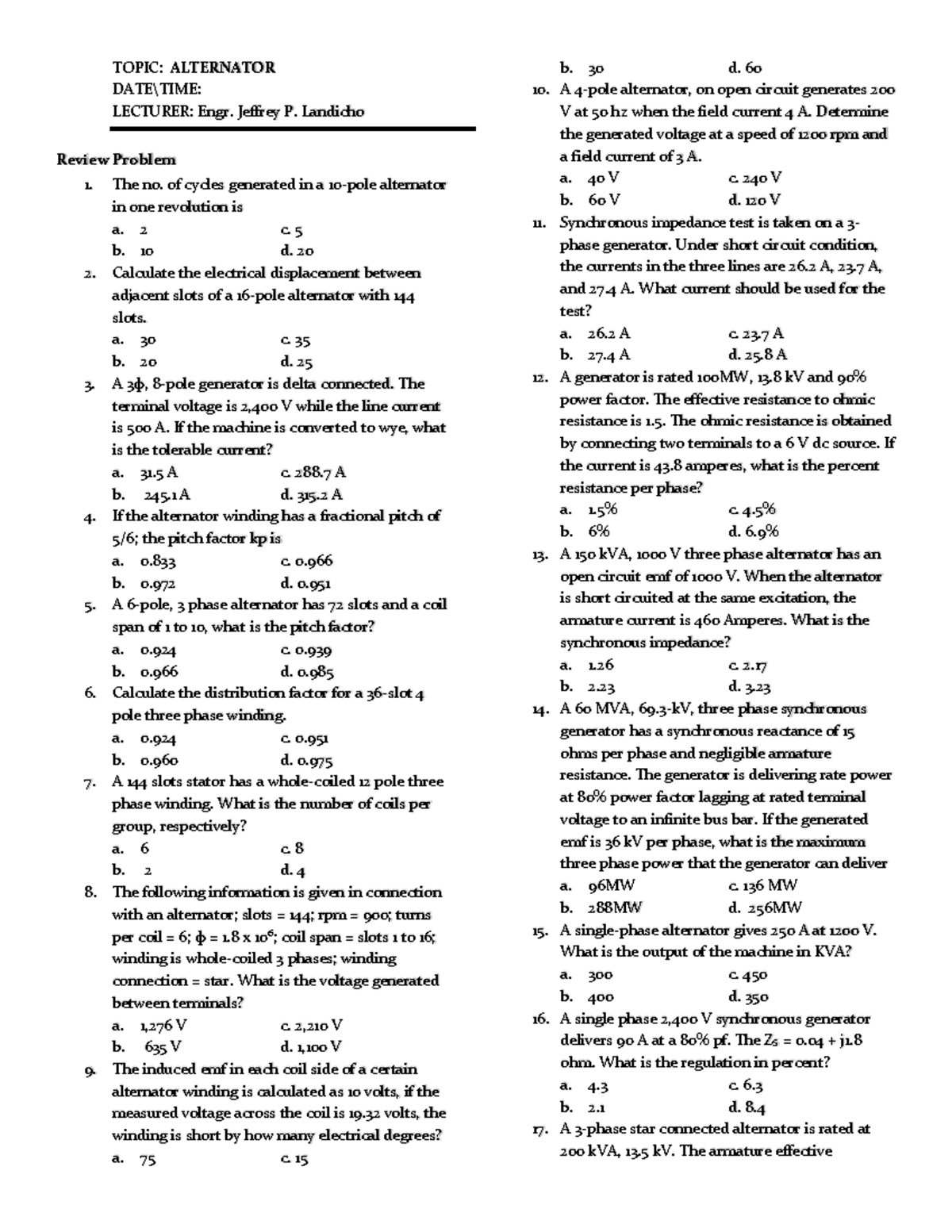 Review problems in AC Machines - TOPIC: ALTERNATOR DATE\TIME: LECTURER ...