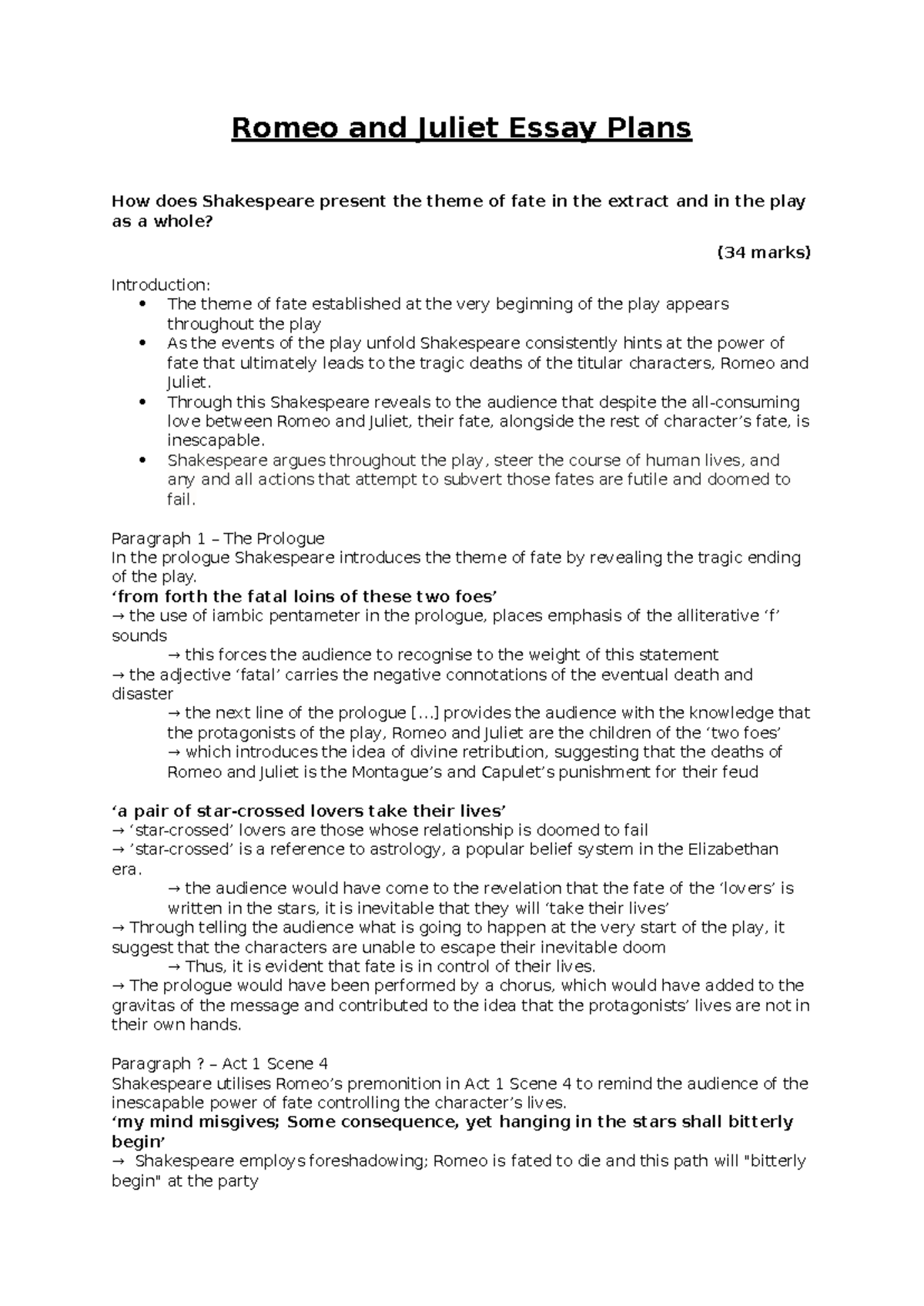 Romeo and Juliet Essay Plans - Through this Shakespeare reveals to the ...