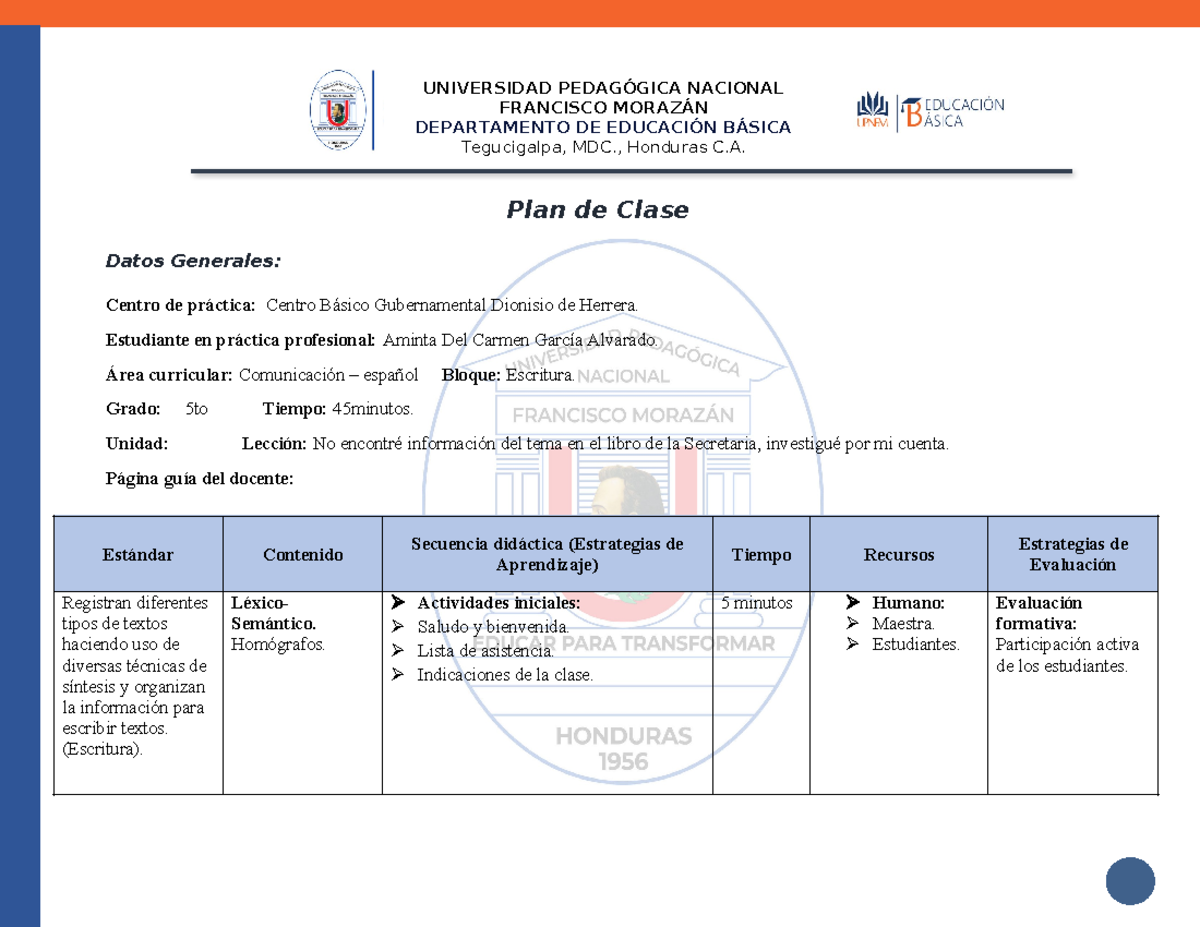 PLAN DE Clases #1 - FRANCISCO MORAZÁN DEPARTAMENTO DE EDUCACIÓN BÁSICA Tegucigalpa, MDC ...
