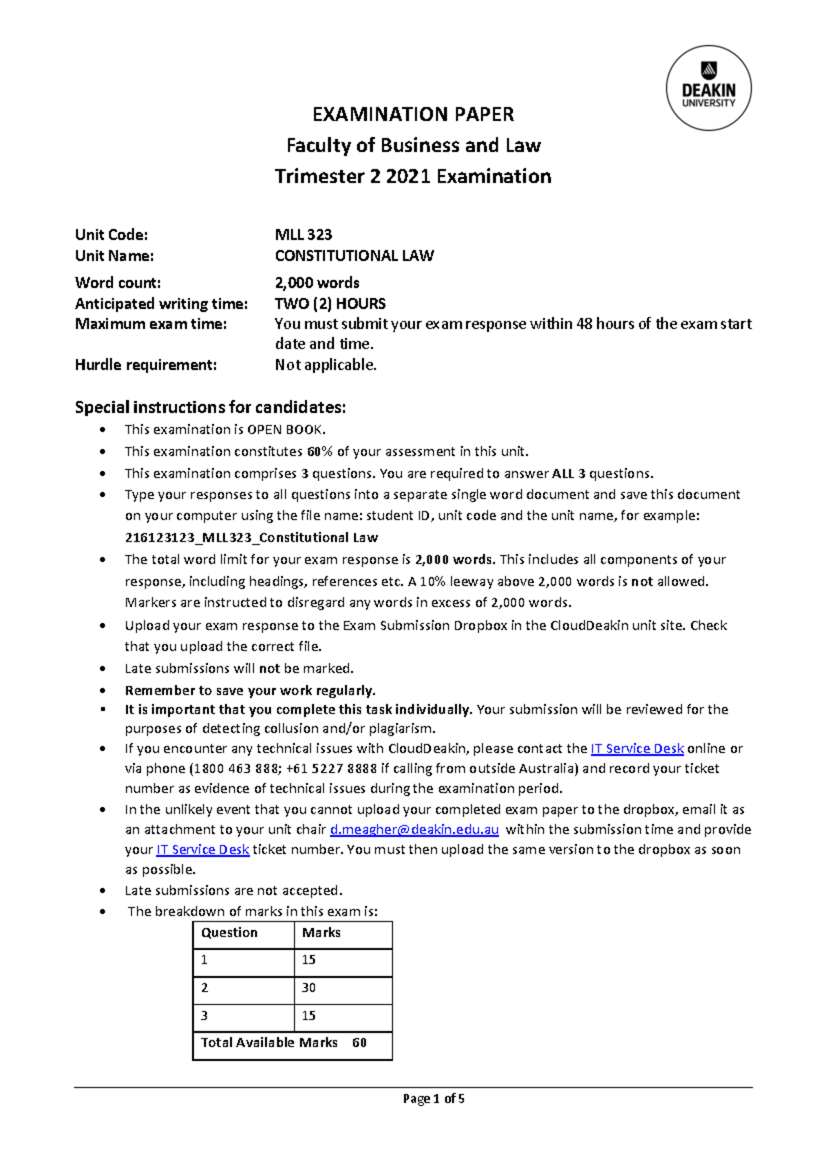 T2 2021 MLL323 Exam - Take Home exam - open book exam - Trimester 2 ...