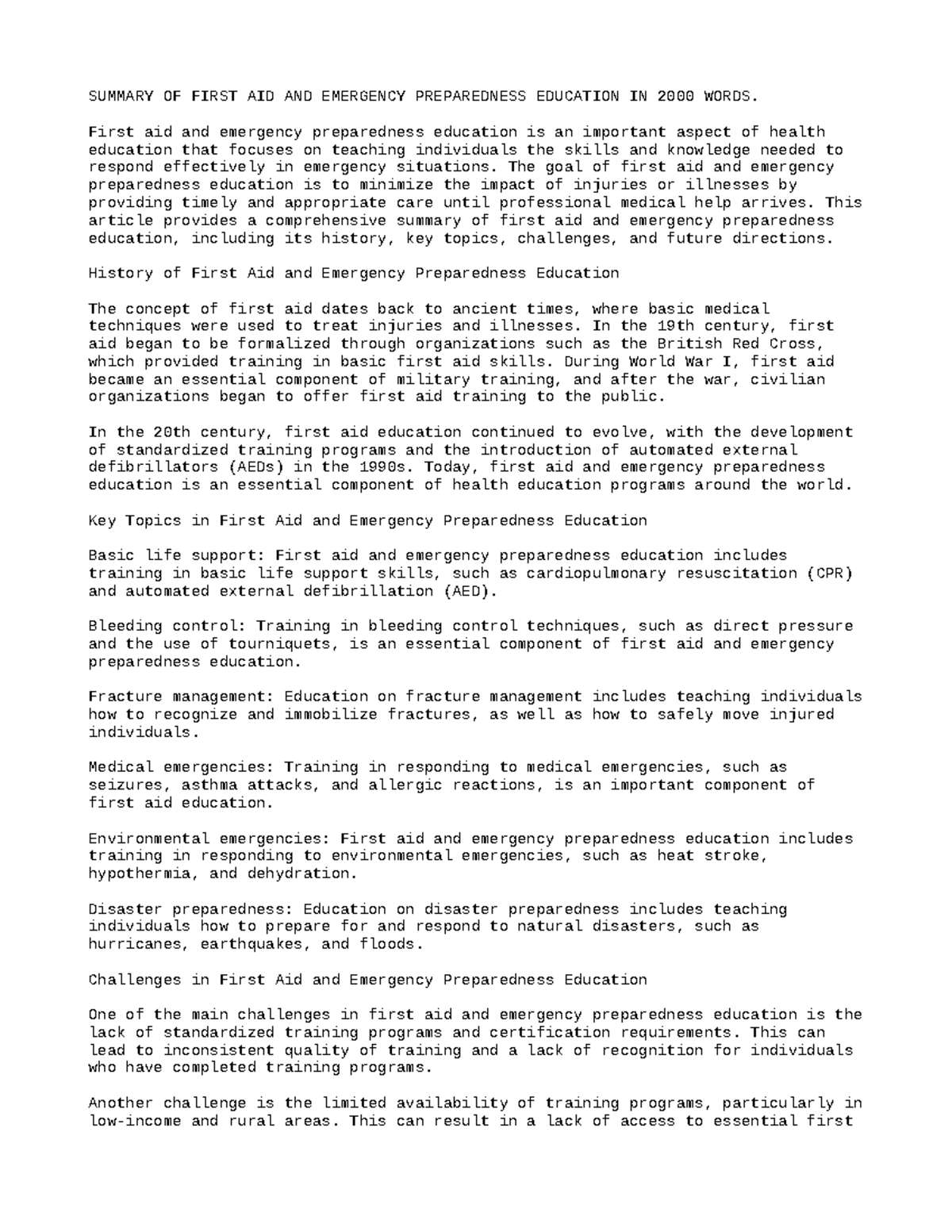 Summary OF First AID AND Emergency - SUMMARY OF FIRST AID AND EMERGENCY ...