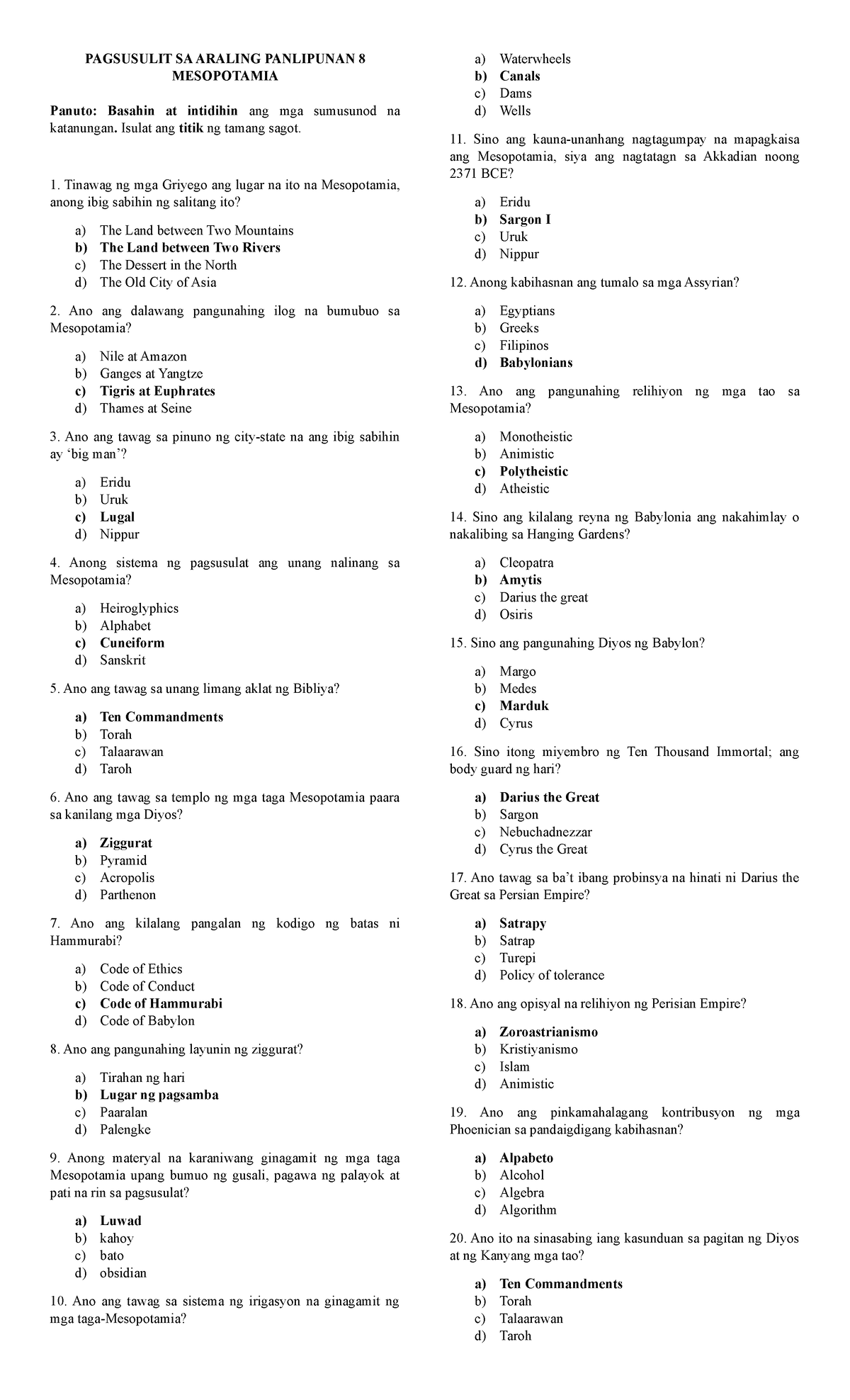 AP QUIZ GR 8 MESO AT Indus - PAGSUSULIT SA ARALING PANLIPUNAN 8 MESOPOTAMIA Panuto: Basahin at ...