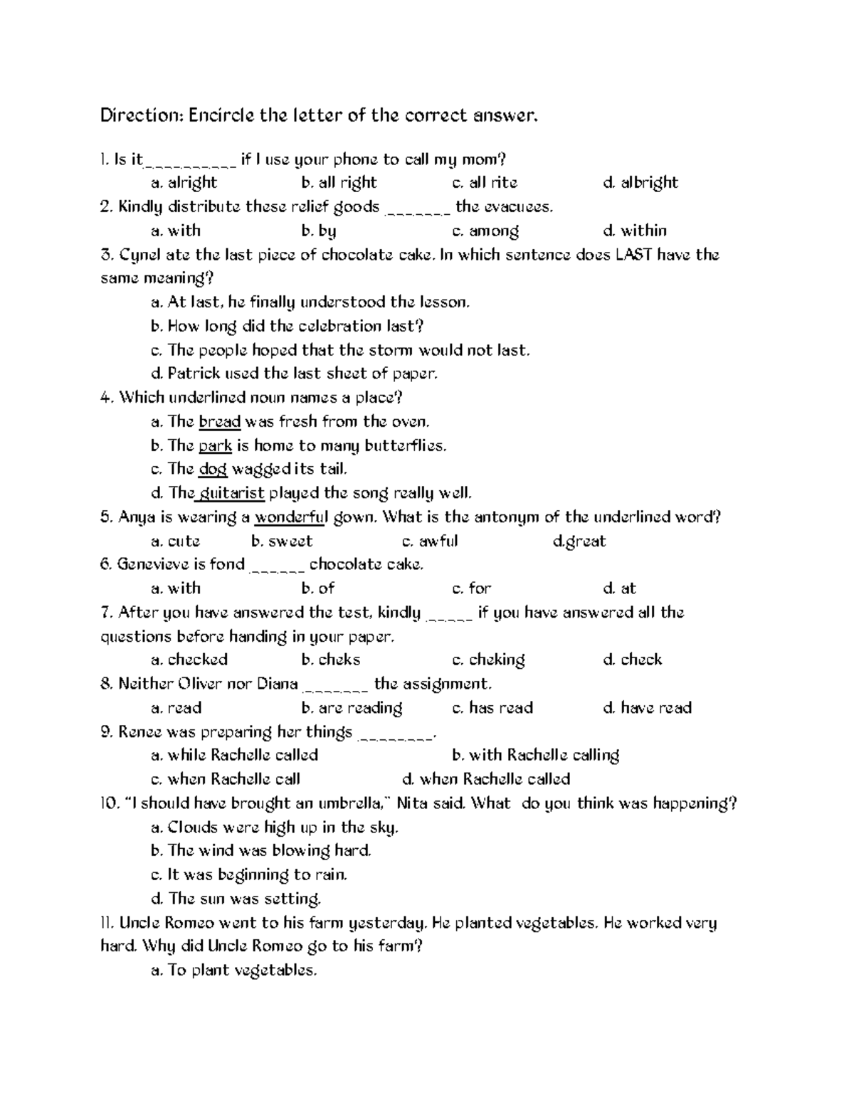 English Reviewer - Direction: Encircle the letter of the correct answer ...