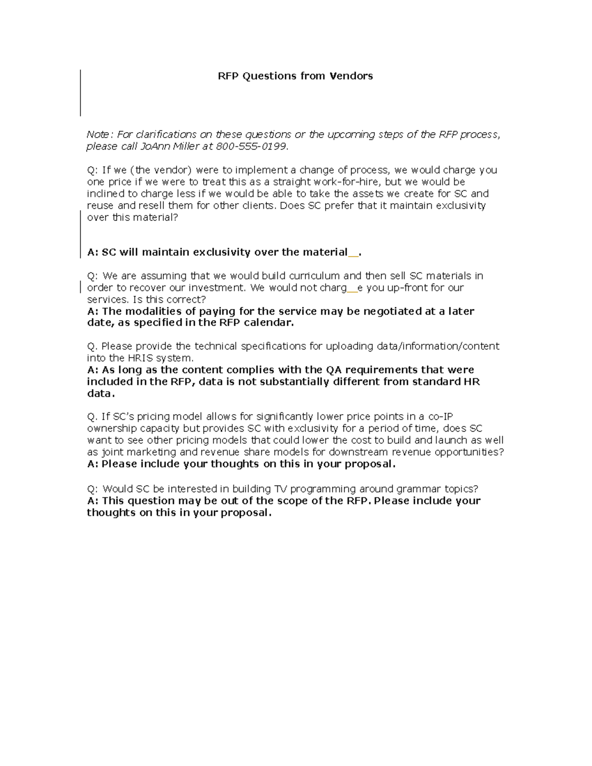 RFP Questions from Vendors tips - RFP Questions from Vendors Note: For ...