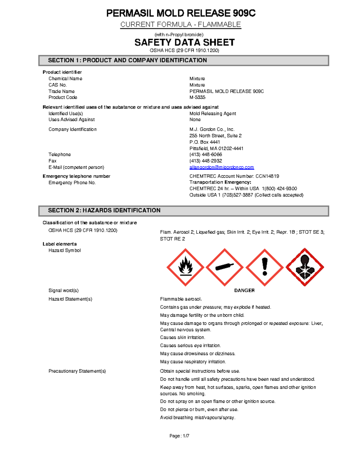 Hoja de Seguridad de Permasil MOLD Release 909C SGA SDS - SECTION 1 ...