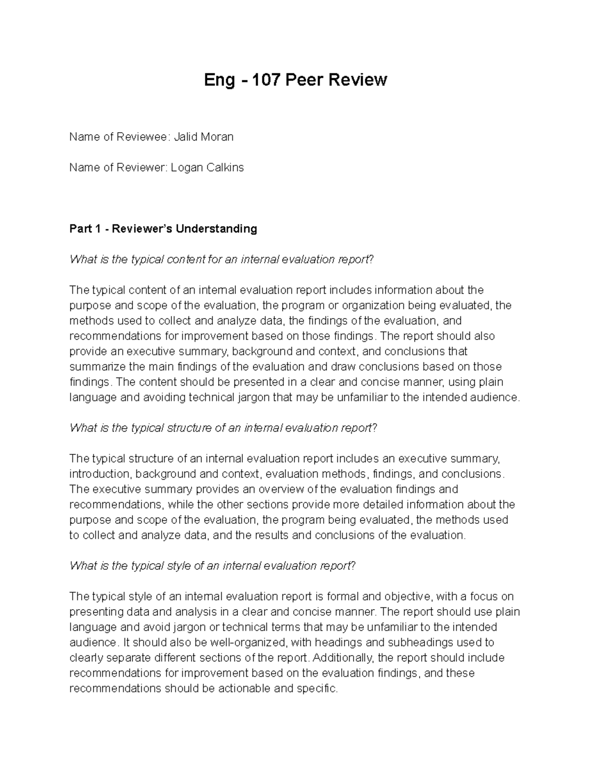 Eng - 107 - Evaluation Report Peer Review - Eng - 107 Peer Review Name ...
